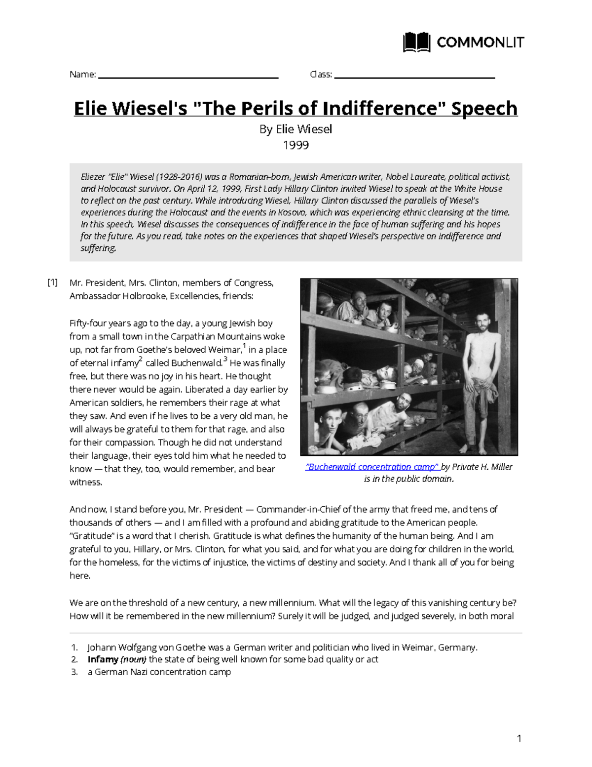 Elie Wiesel's Perils of Indifference - Name: Class: "Buchenwald ...