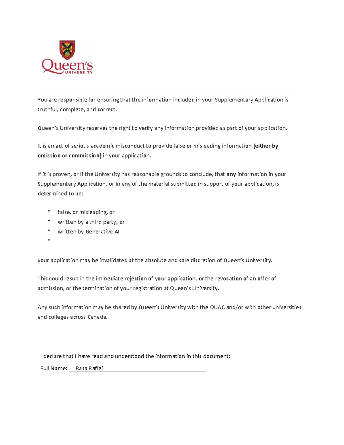 Supplementary Application Declaration - Queen's University - Studocu