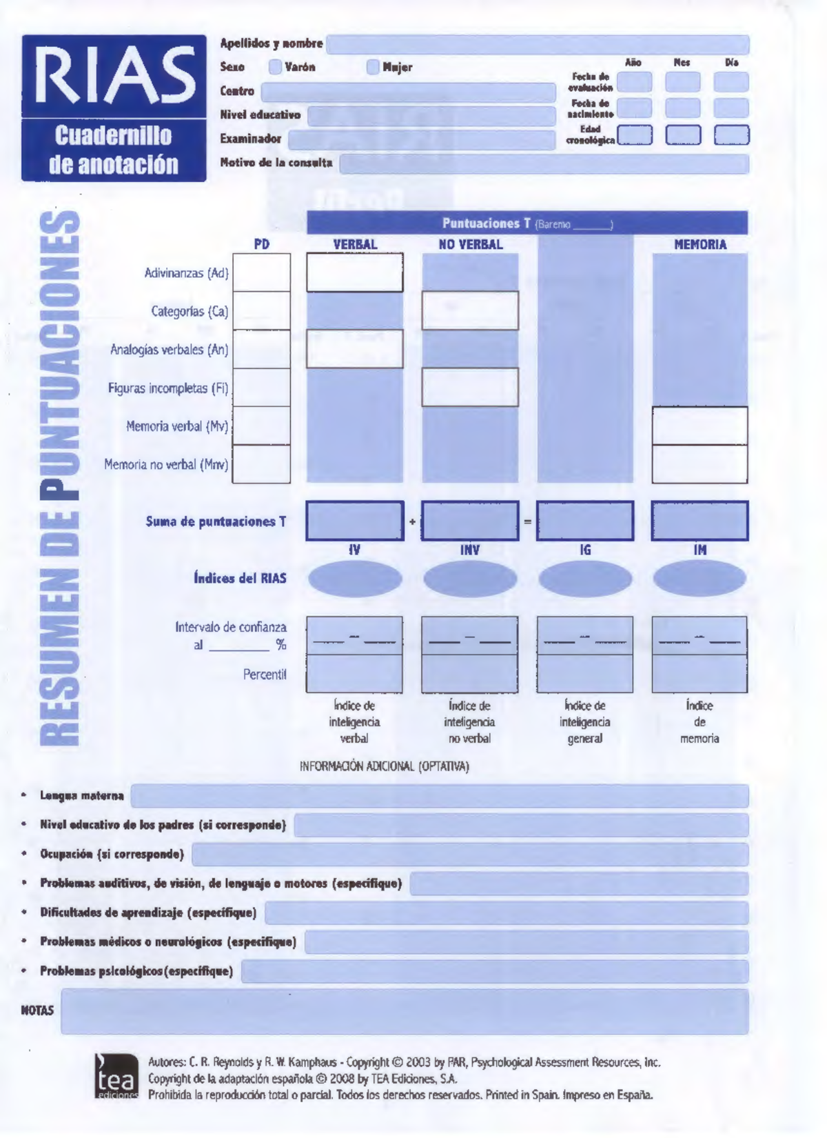RIAS Protocolo Completo: Evaluación e Interpretación de Resultados - Studocu