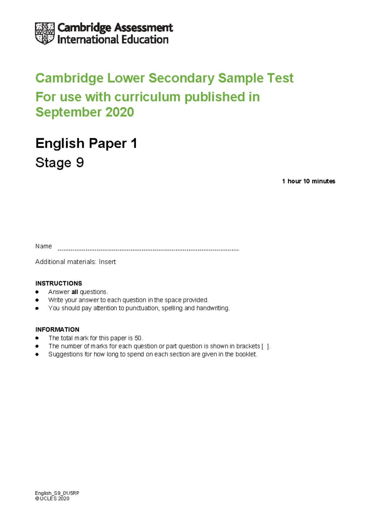 English Stage 9 Sample Test Paper 1 (2020) - Reading & Writing - Studocu