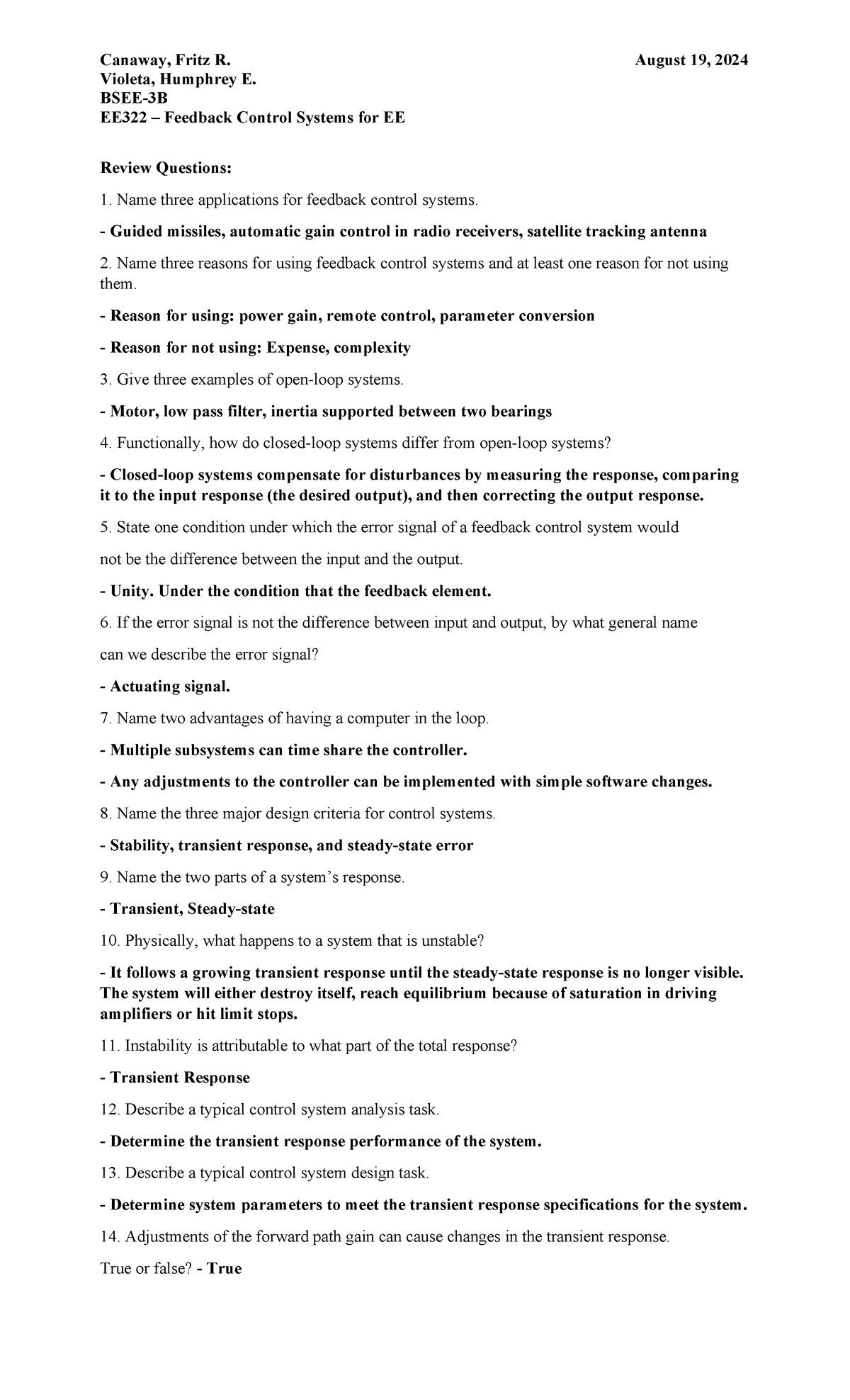 EE322 - Feedback Control Systems Review - Nise Chapter 1 Activities - Studocu