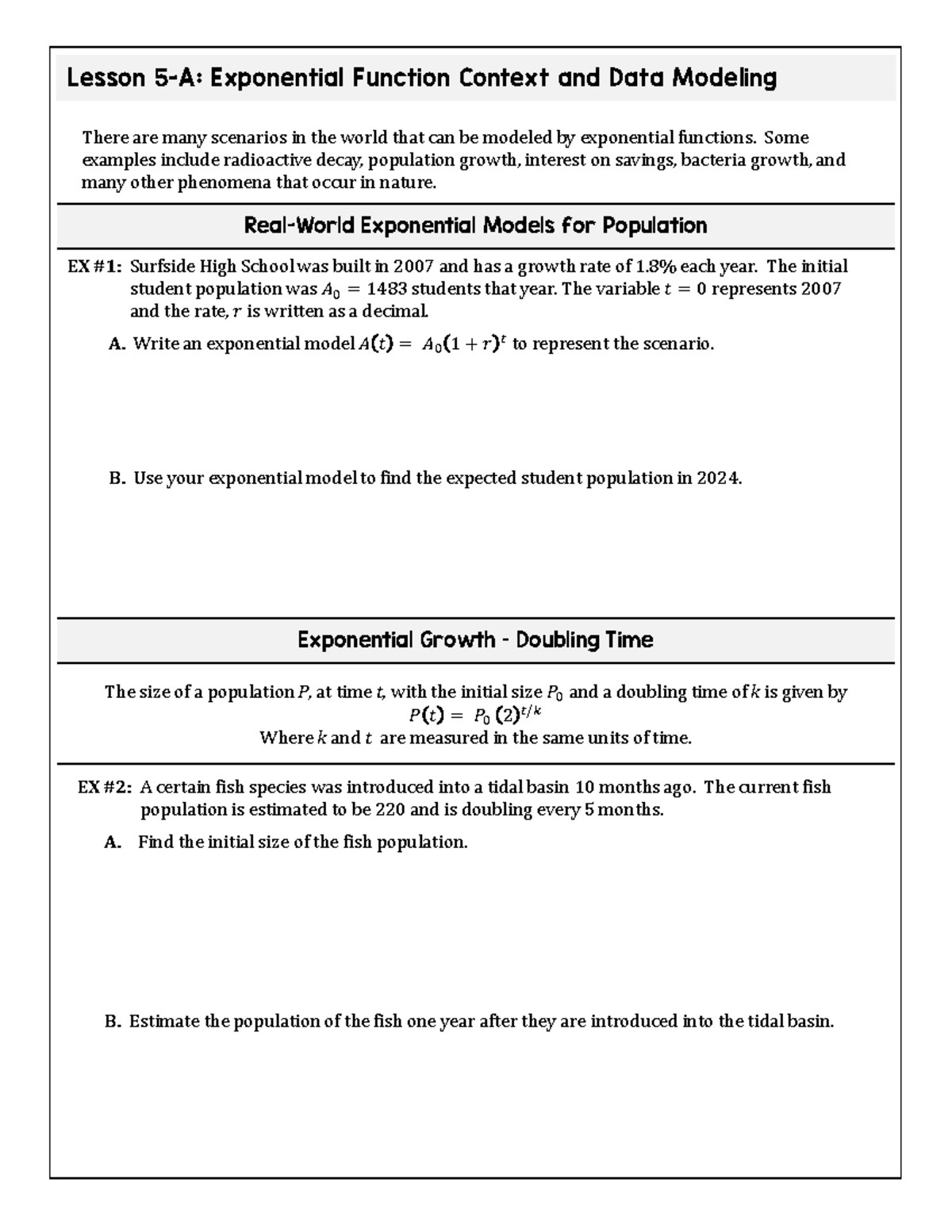 Lesson on Exponential Functions: Context & Data Modeling (MATH 101 ...