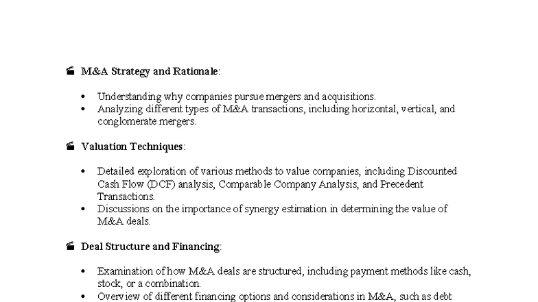 M&A Course: Strategies, Valuation, and Integration Insights - Studocu