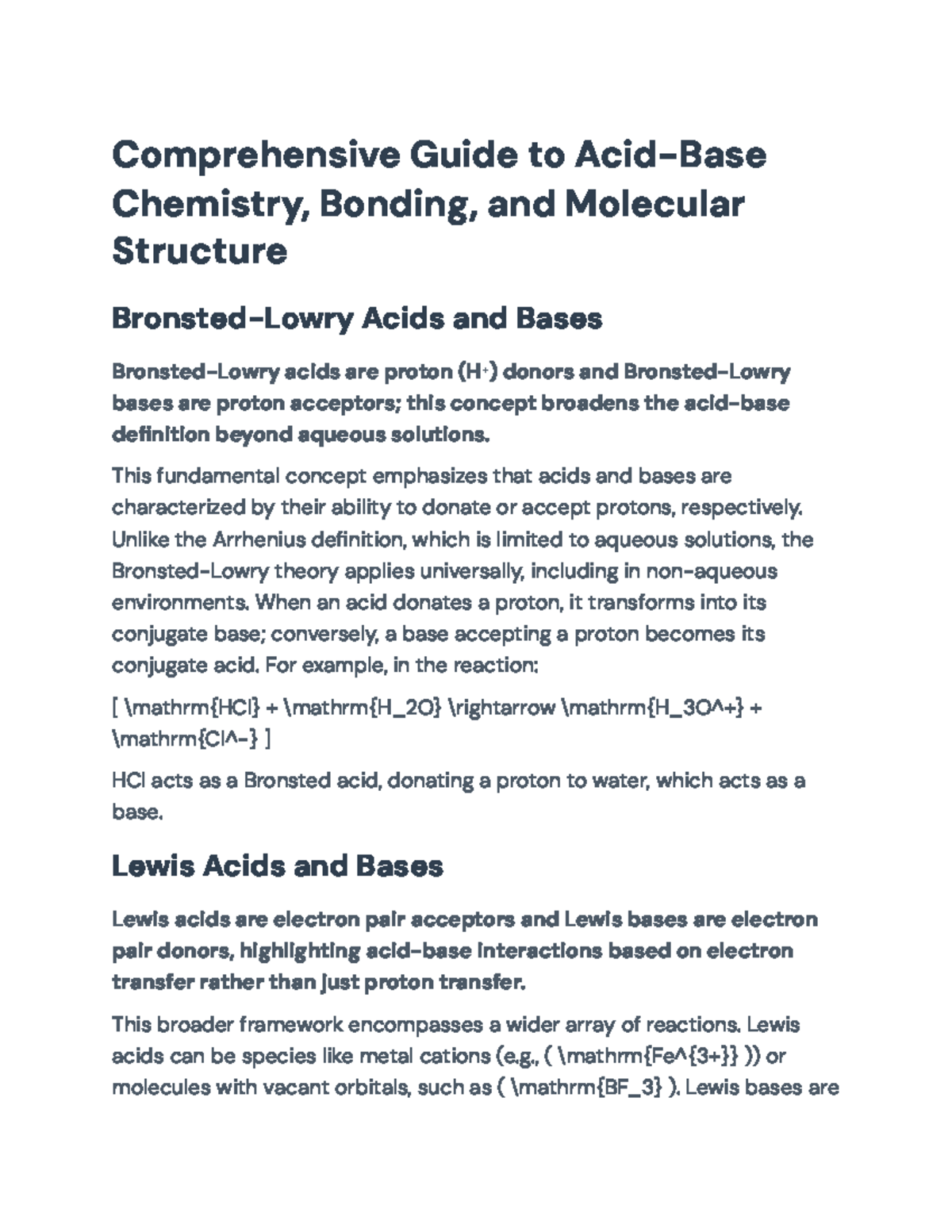 Comprehensive Guide to Acid-Base Chemistry (CHEM 101) and Molecular ...