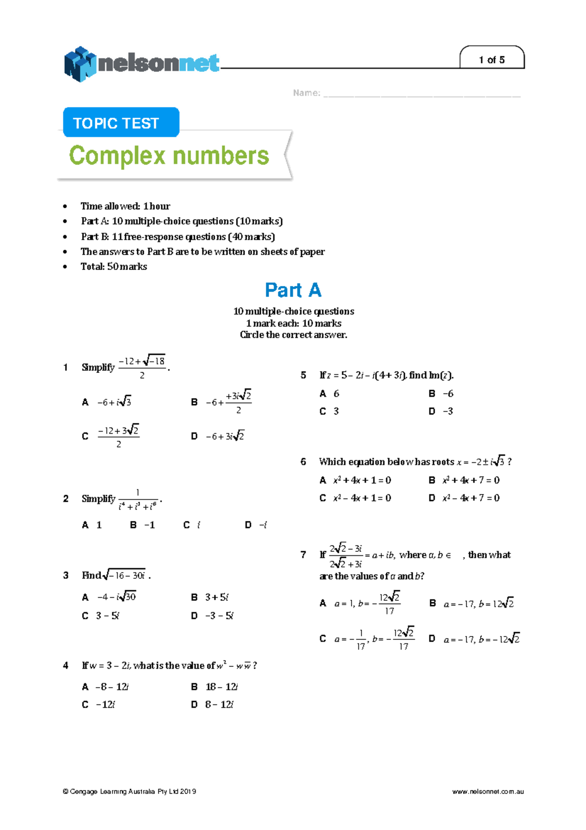 Complex Numbers Topic Test - 1 Hour Duration - Studocu