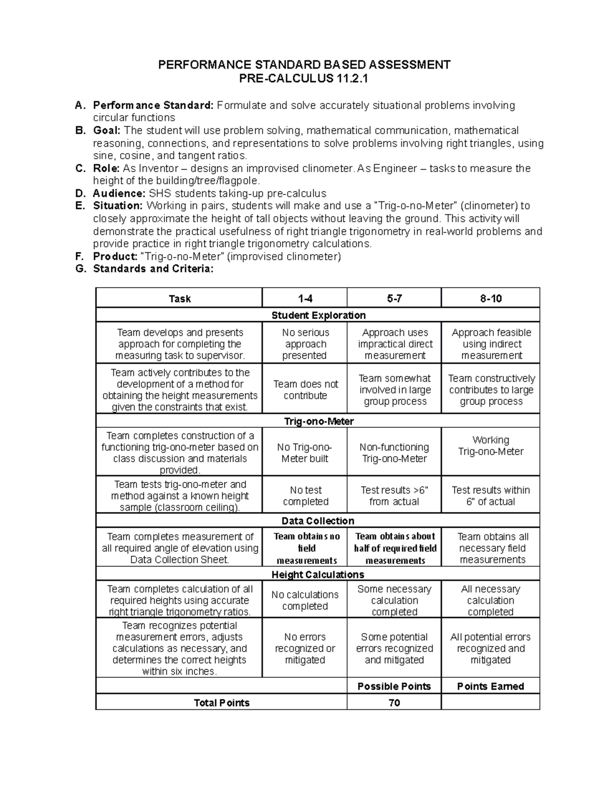 Pre-Calculus 11 - Sample Performance Task - PERFORMANCE STANDARD BASED ...