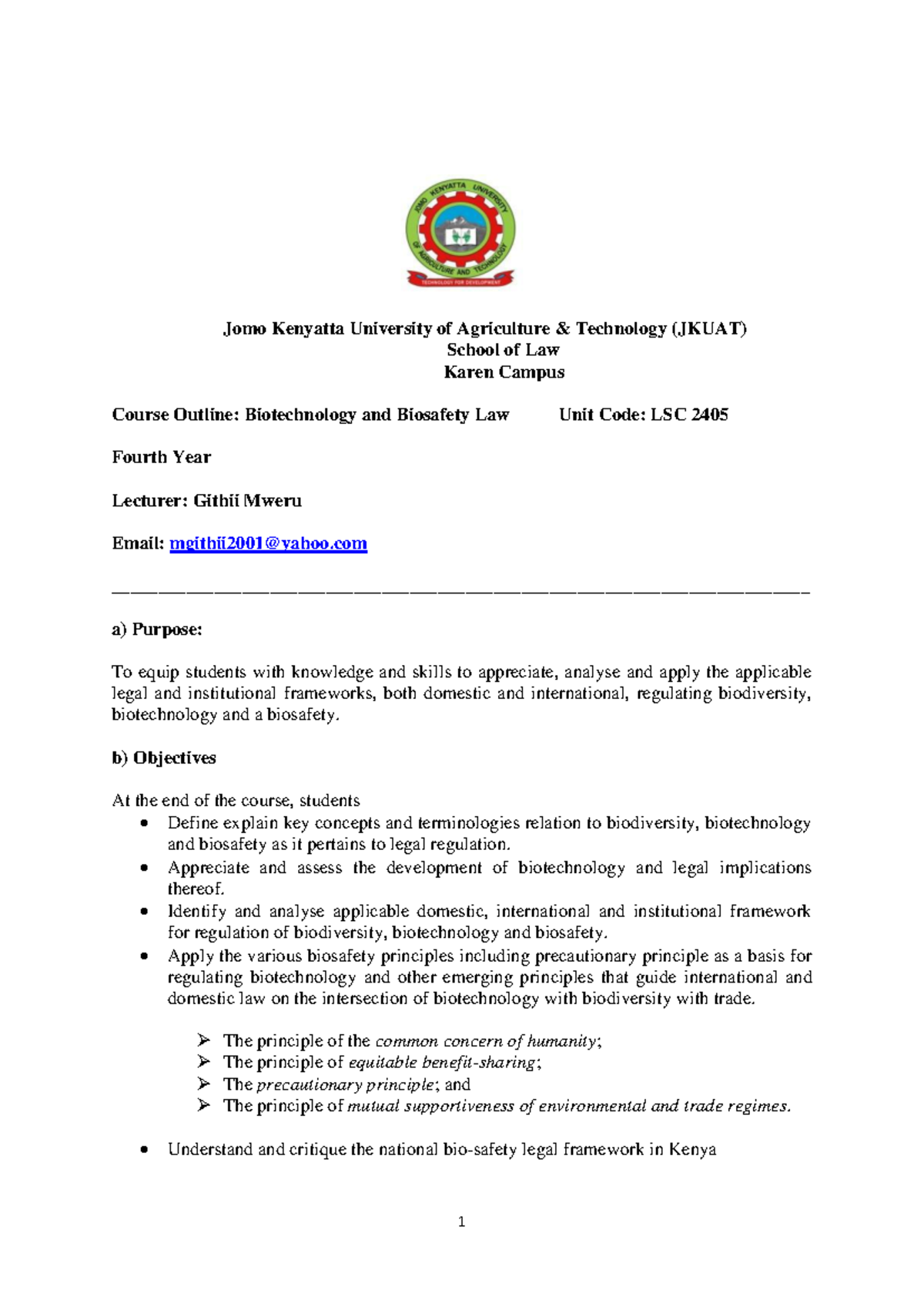 Course Outline: Biotechnology and Biosafety Law (LSC 2405) - Studocu