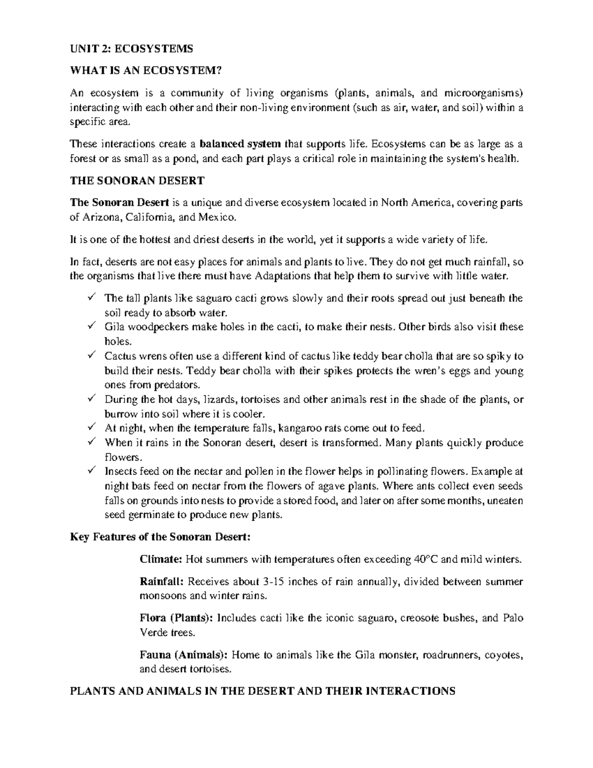 UNIT 2: ECOSYSTEMS - SUMMARY OF THE SONORAN DESERT - Studocu