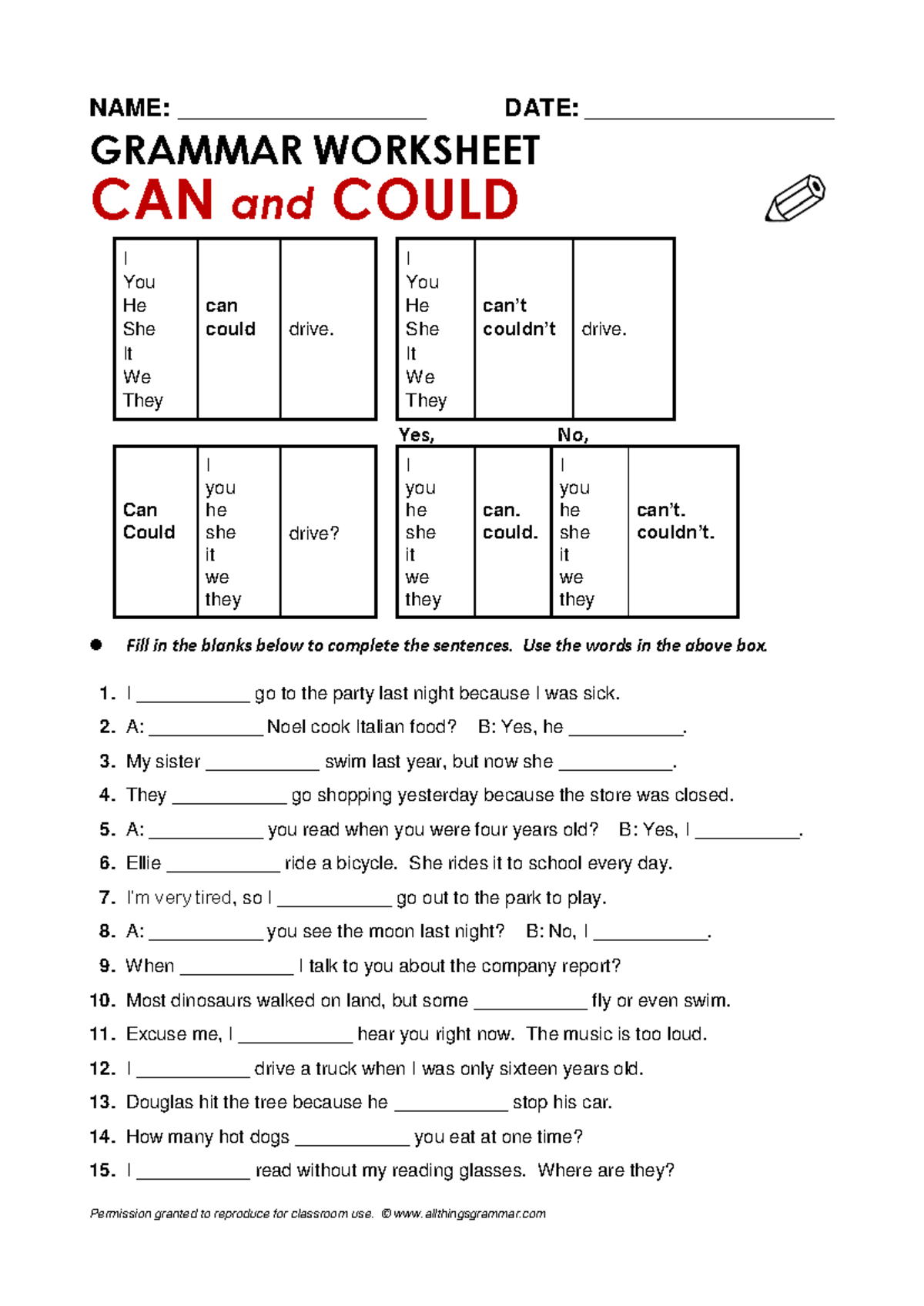 Grammar Worksheet: Can and Could Exercises - Studocu