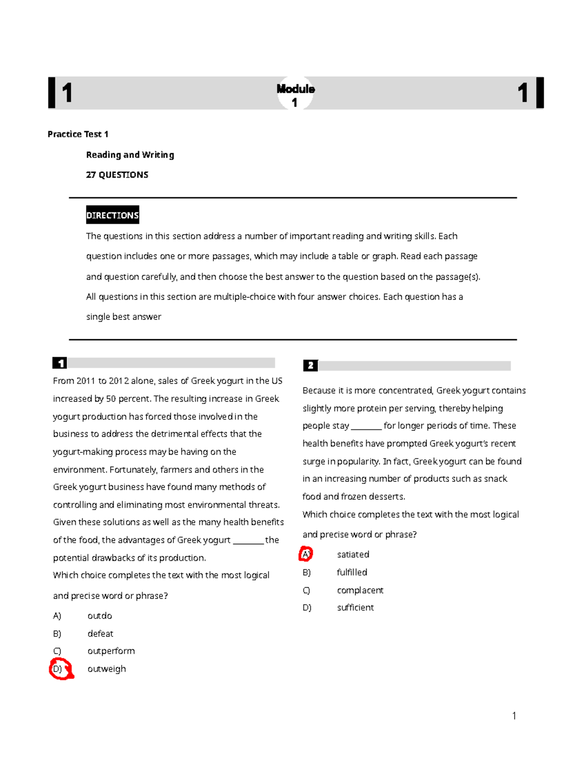 Practice Test 1: Reading & Writing Skills for SAT Preparation - Studocu