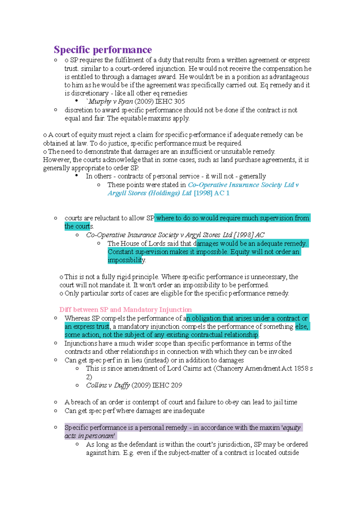 Specific Performance FE1 Exam Prep Notes: Key Concepts & Cases - Studocu