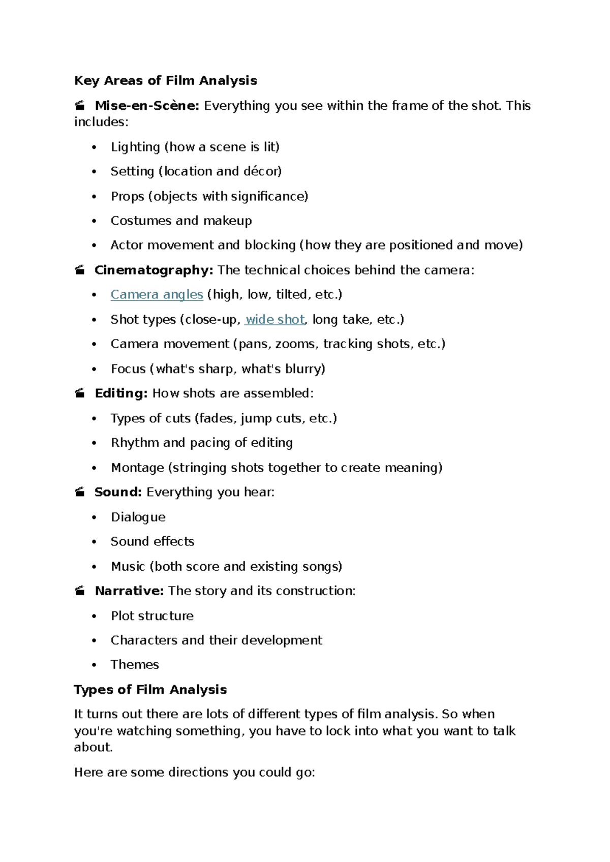 Film Study: Key Areas of Film Analysis and Camera Shots - Studocu