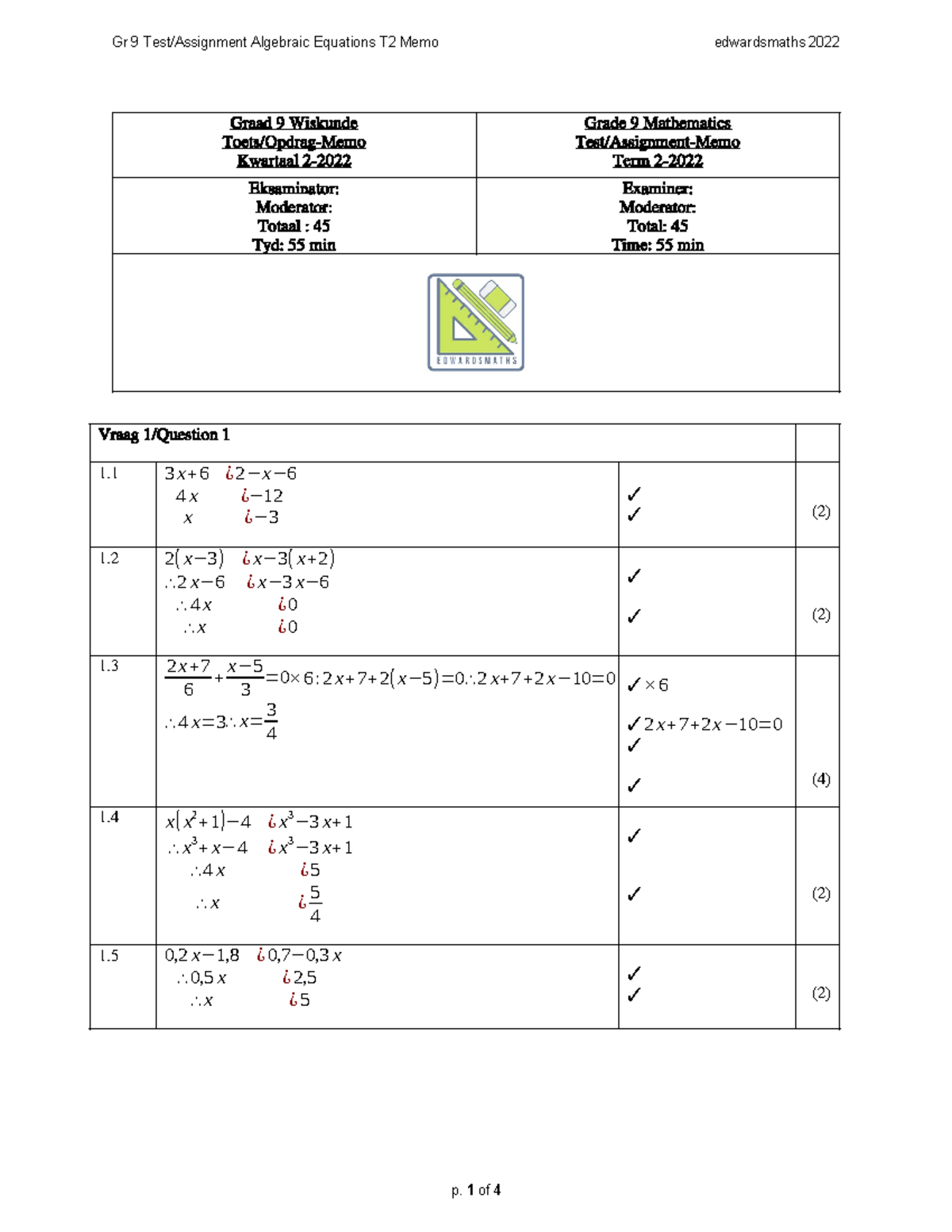 Graad 9 Wiskunde Toets/Opdrag-Algebraïese Vergelykings T2 2022 Memo ...