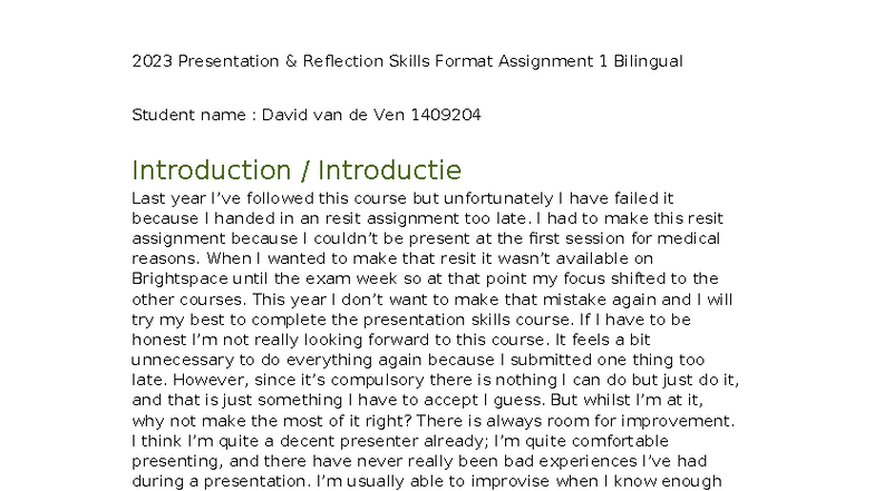 2023 Presentation & Reflection Skills Assignment 1 by David van de Ven ...