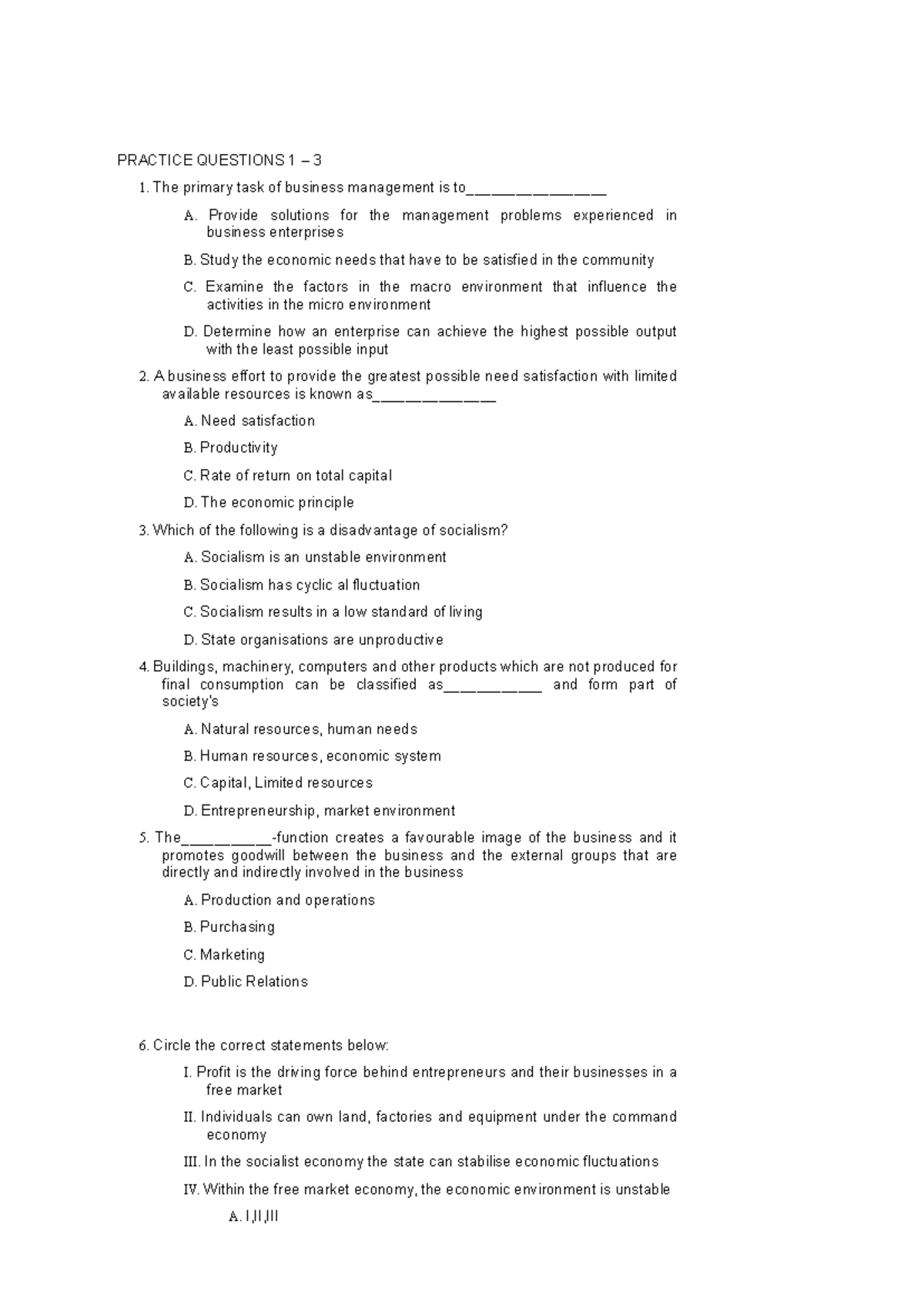 Practical Questions for Business Management (BMGT 101) - Studocu