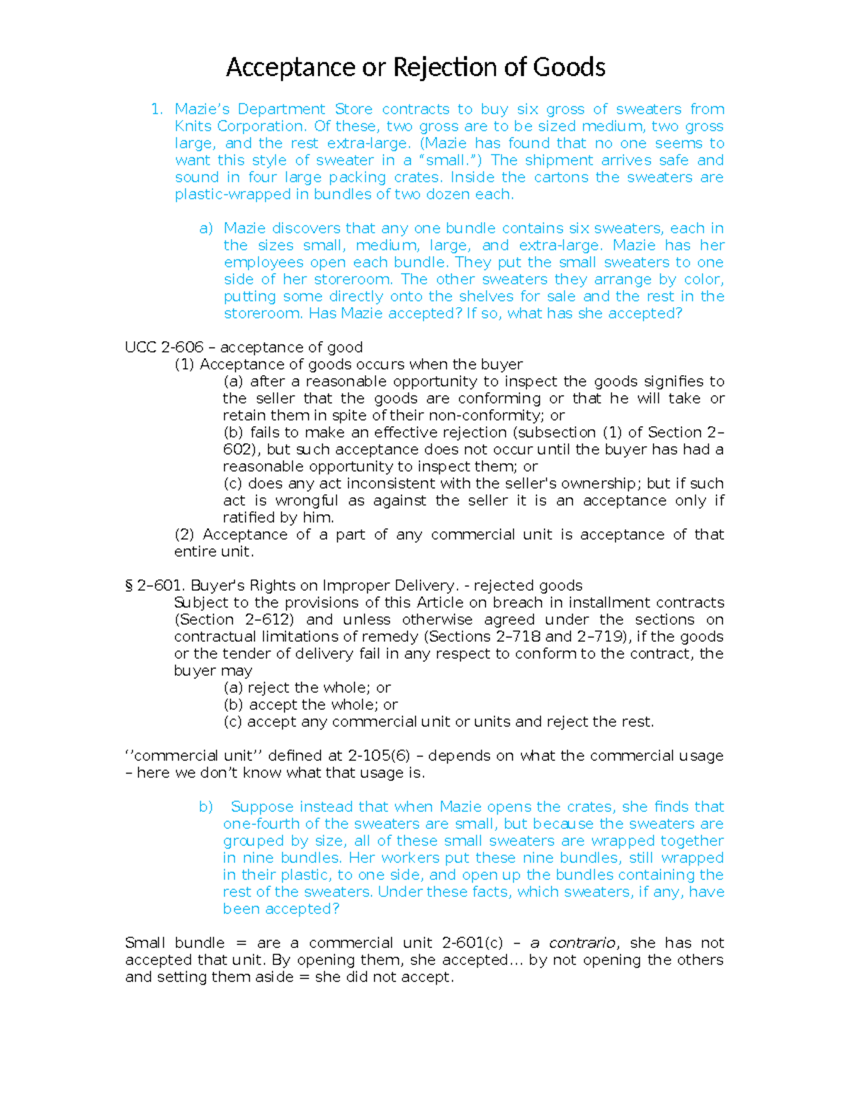 UCC 2-606: Acceptance and Rejection of Goods Explained in Detail - Studocu