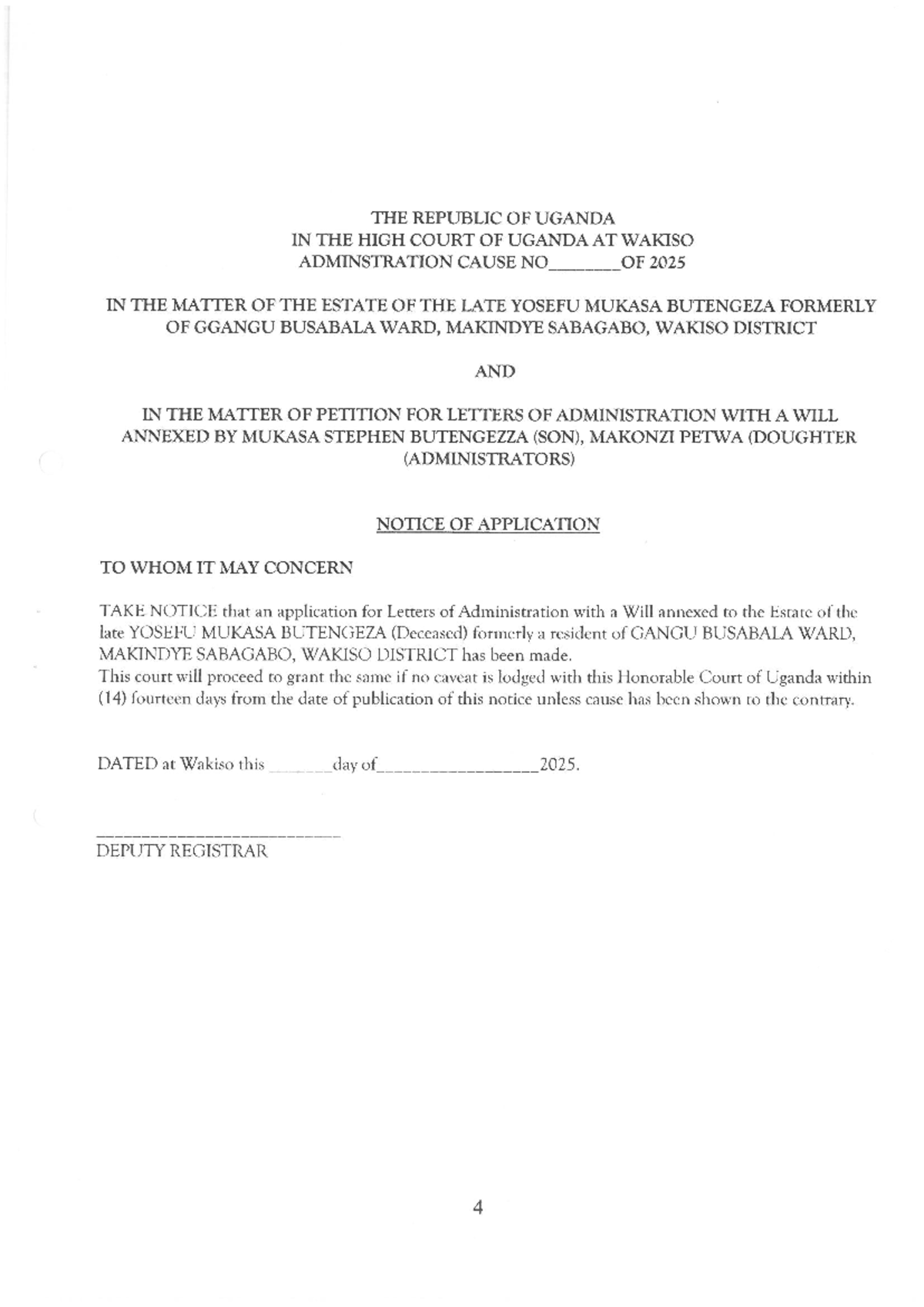 Notice of Application for Letters of Administration - CAUSE NO 2025 ...