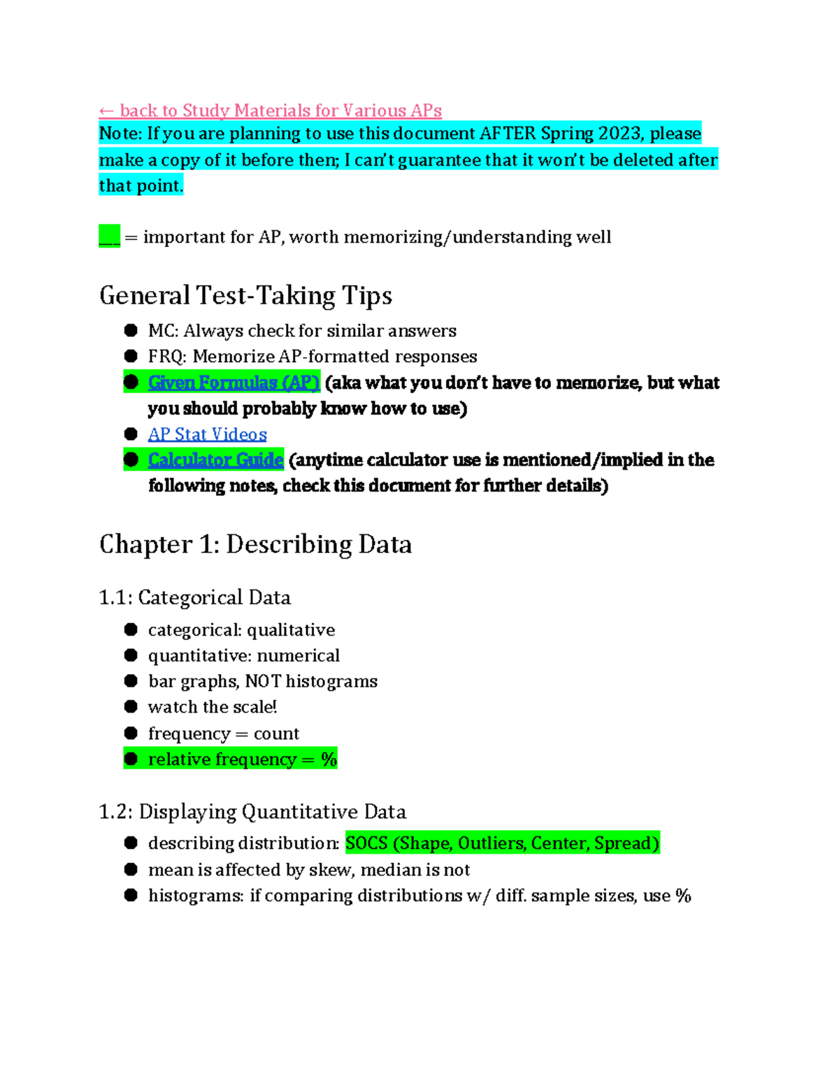 AP Stat Review Notes: Key Concepts and Formulas - Studocu