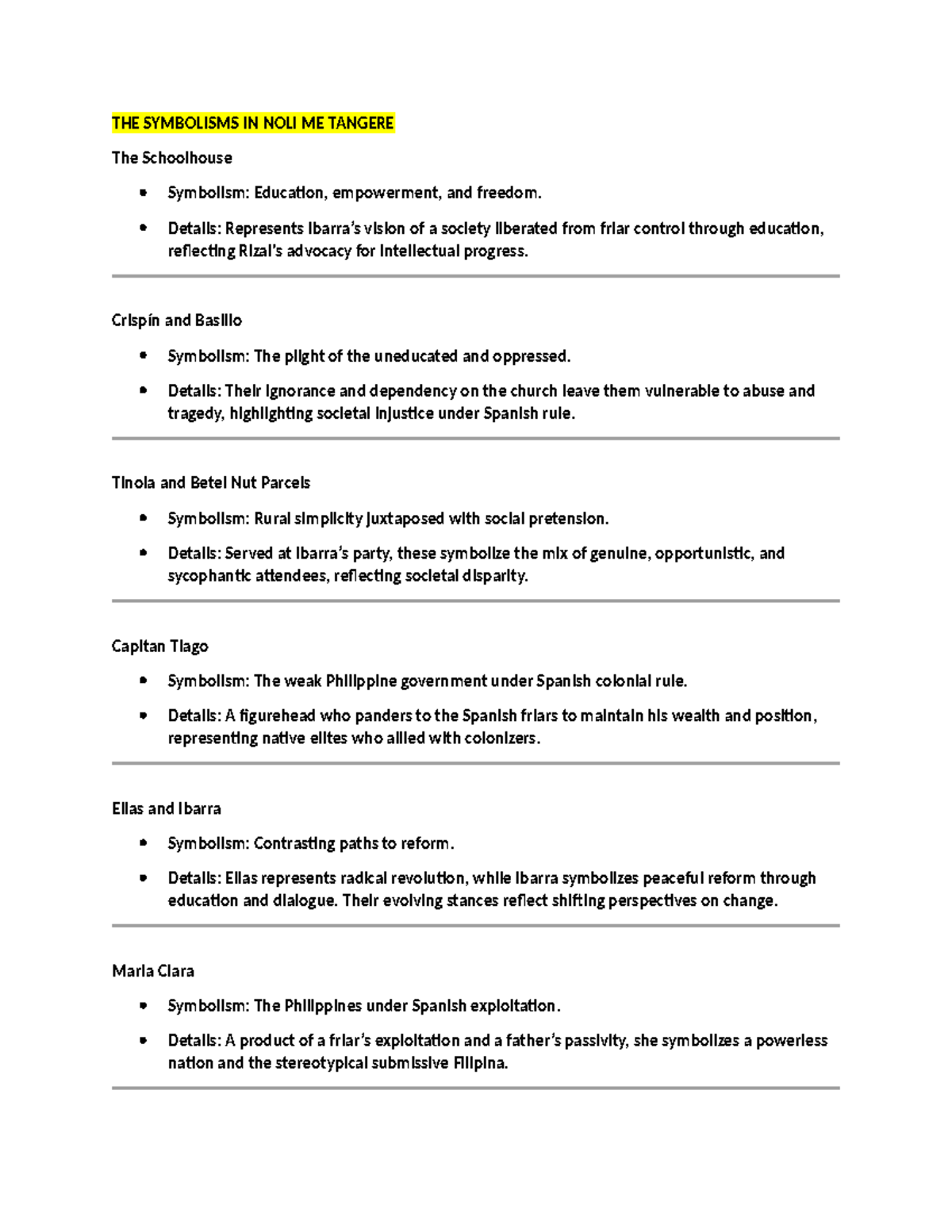 Phililililiil - jose rizal important notes - THE SYMBOLISMS IN NOLI ME ...