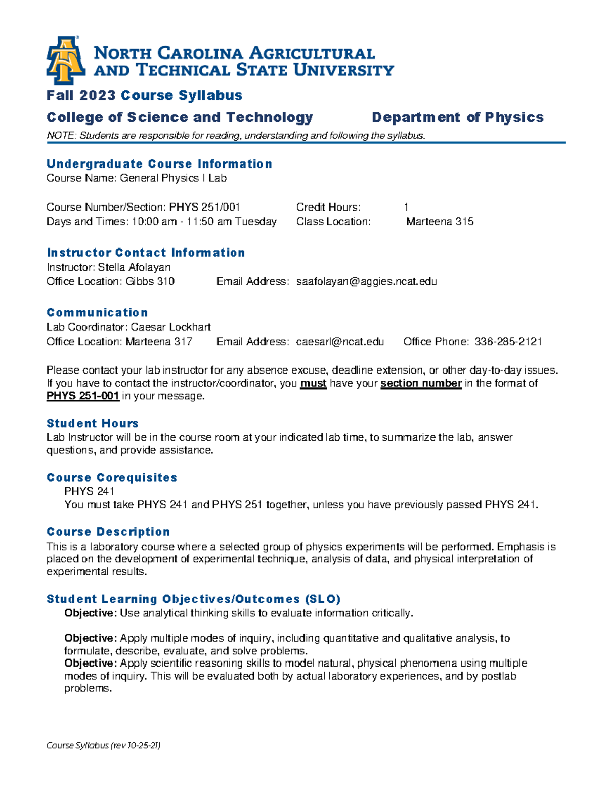 PHYS 251-001 General Physics I Lab Syllabus - Fall 2023 - Studocu