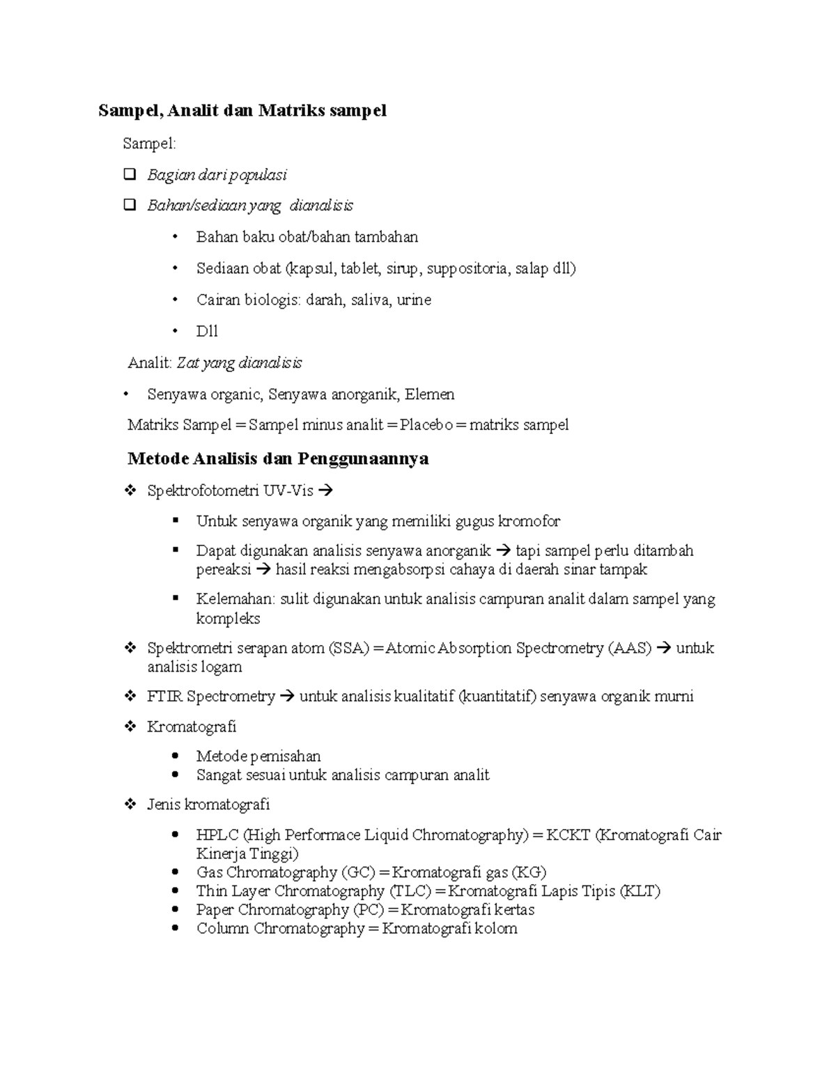 Analisis Sampel, Analit & Matriks dalam Metode Analisis - Studocu