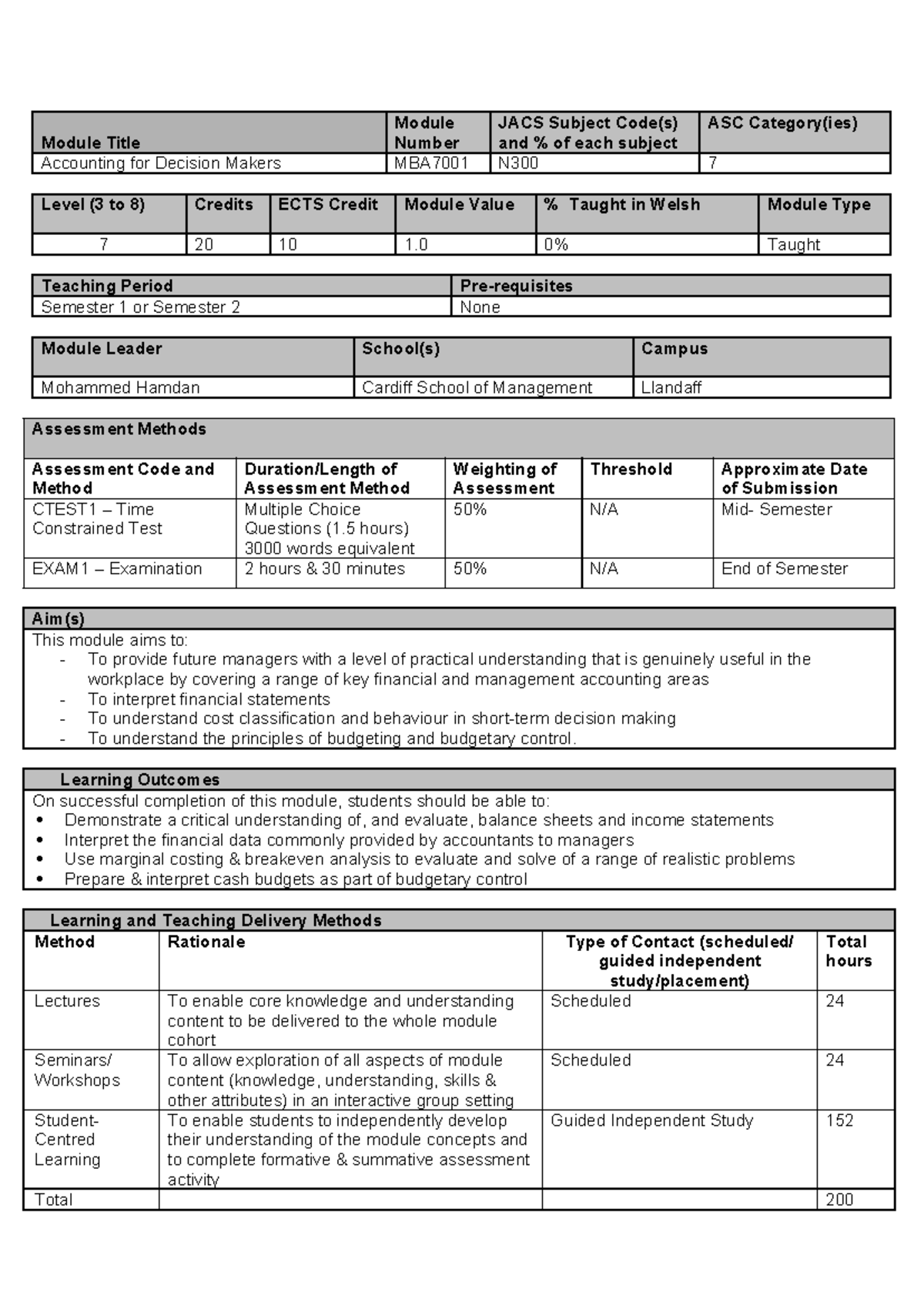 MBA7001 Accounting for Decision Makers - Module Title Module Number ...