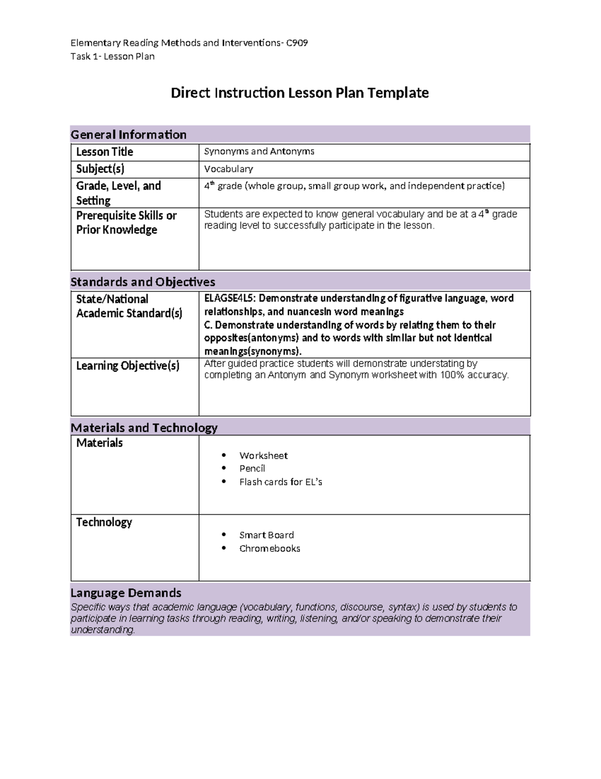 C909- Reading Methods lesson plan - Task 1- Lesson Plan Direct Instruction Lesson Plan Template ...
