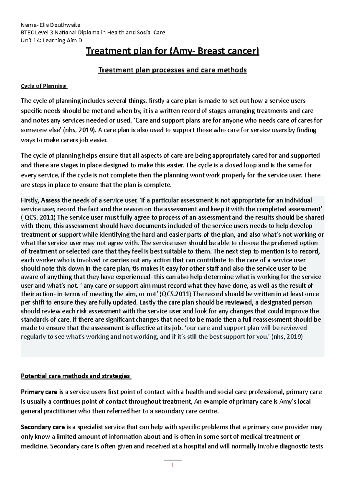 BTEC Level 3 Health & Social Care Unit 14: Treatment Plan for Amy - Studocu