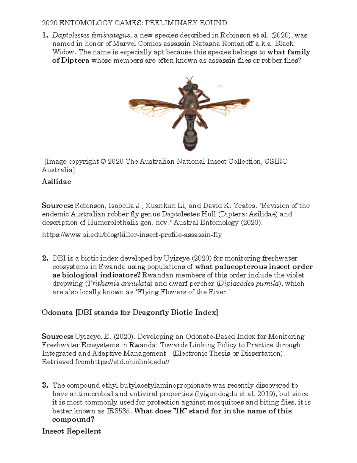 2020 Entomology Games: Preliminary Round Questions and Answers - 2020 ...