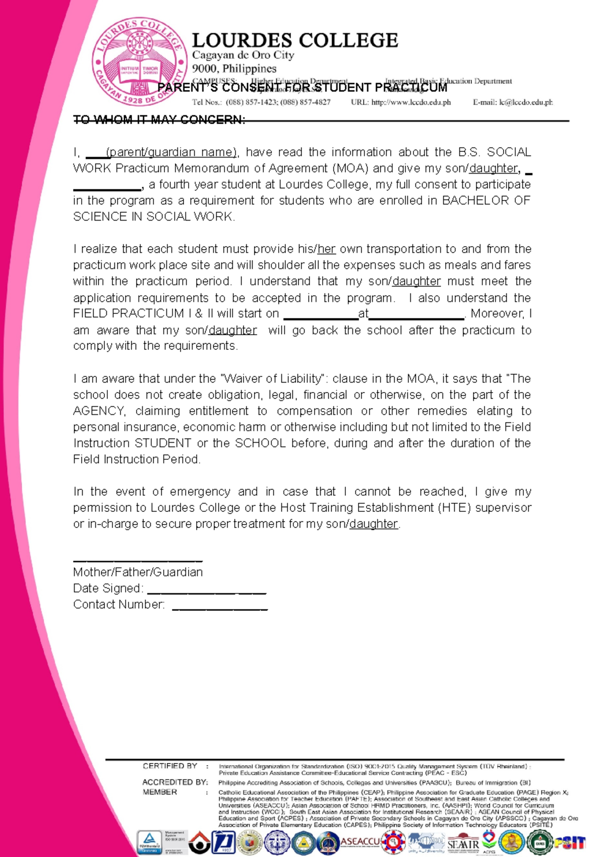 Parental Consent Form for B.S. Social Work Practicum - Studocu