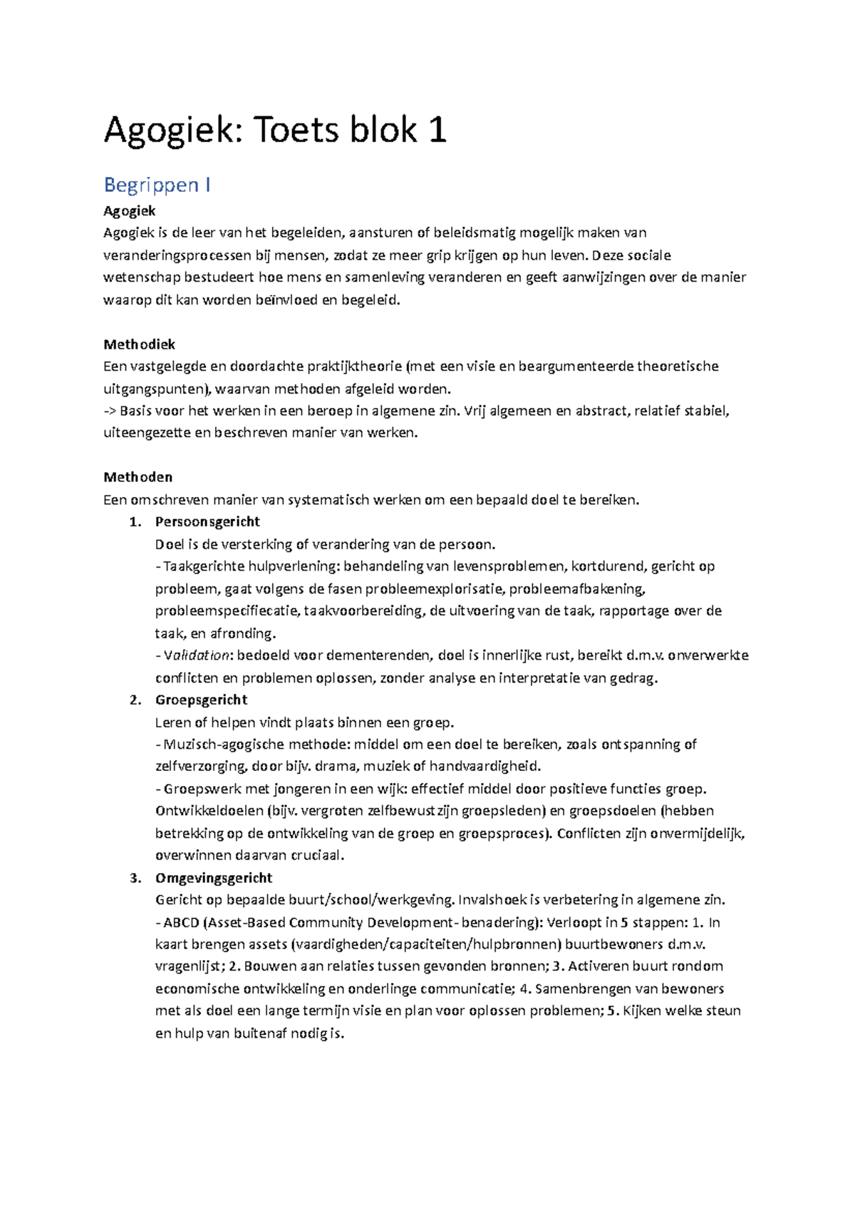 Agogiek Blok 1: Begrippen en Methodieken voor Sociaal Werk - Studeersnel