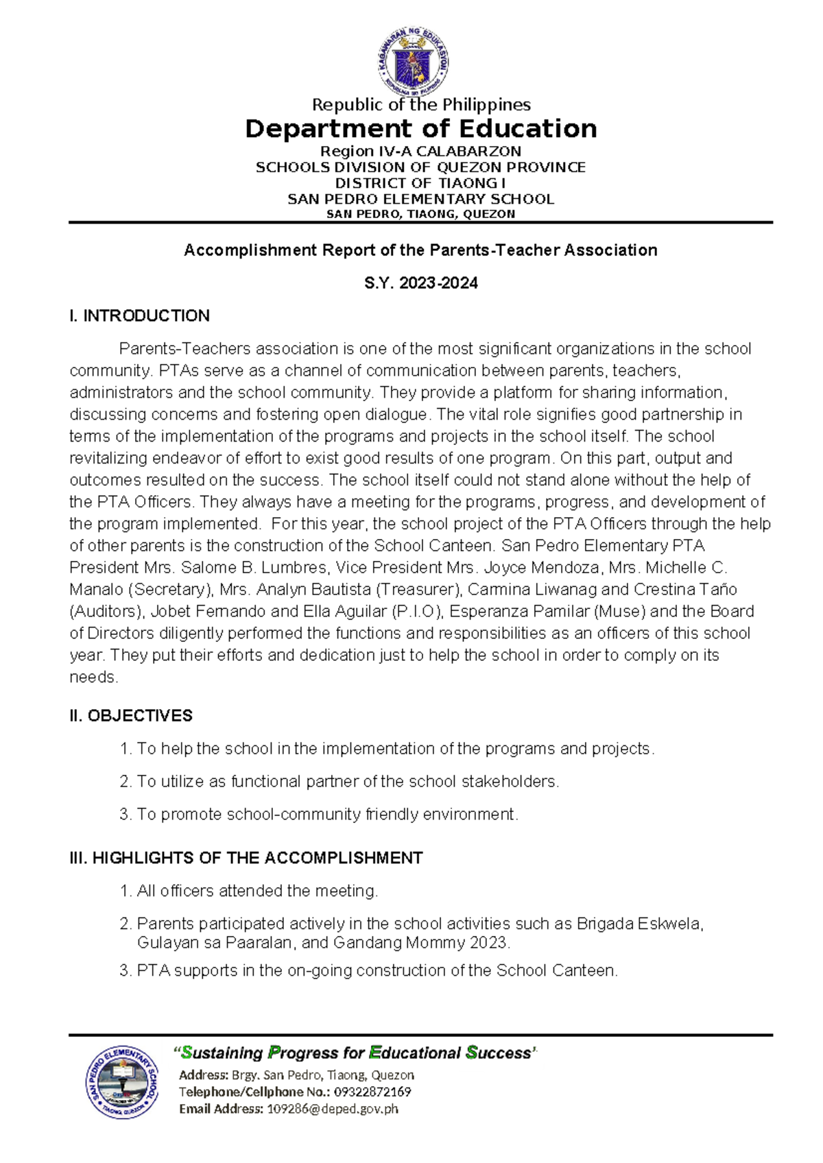 Accomplishment Report of San Pedro Elementary PTA 2022-2023 - Studocu