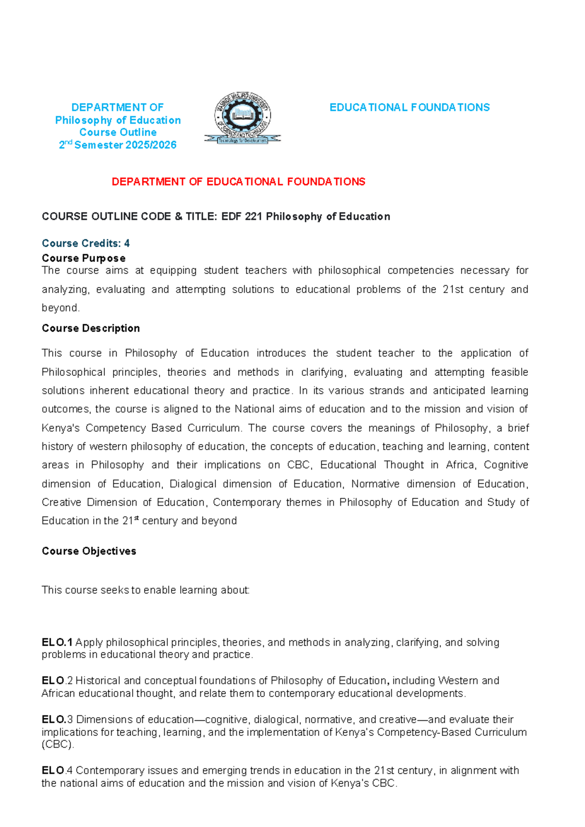 EDF 221 Philosophy of Education Course Outline and Content Overview ...