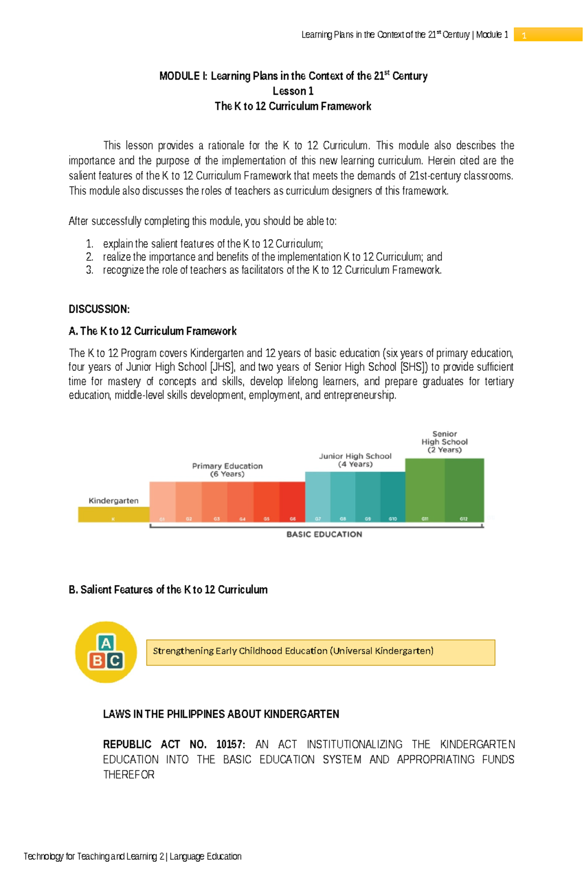 Lesson 1: Understanding the K to 12 Curriculum Framework - Studocu