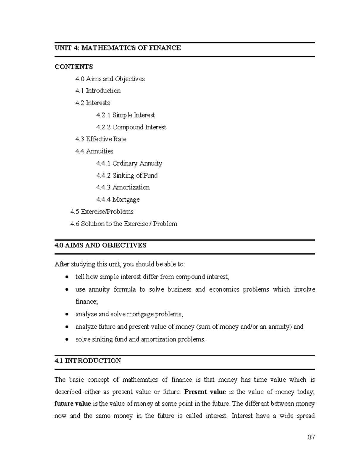 Mathematics for Management: Unit 4 - Finance Concepts and Applications ...
