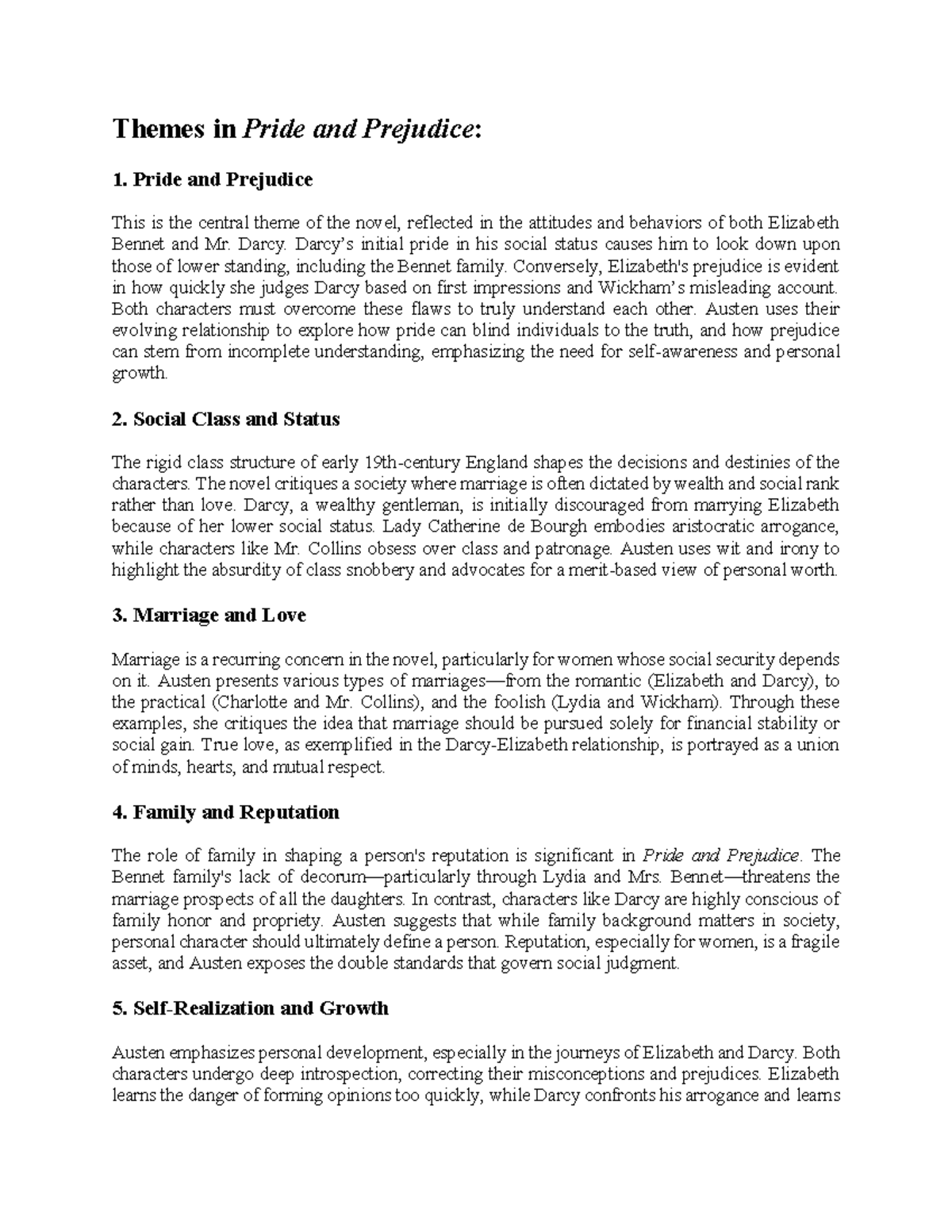 Pride and Prejudice: Themes and Character Analysis in Literature - Studocu