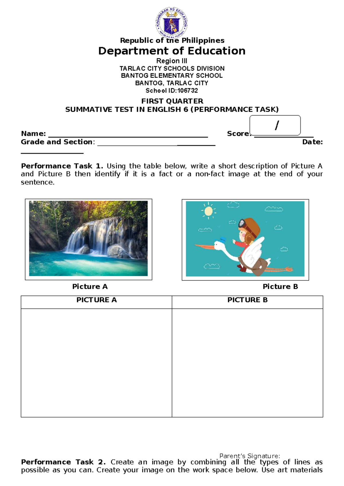 Grade 6 Q1 Summative Performance Tasks in English, Science, Math, and ...
