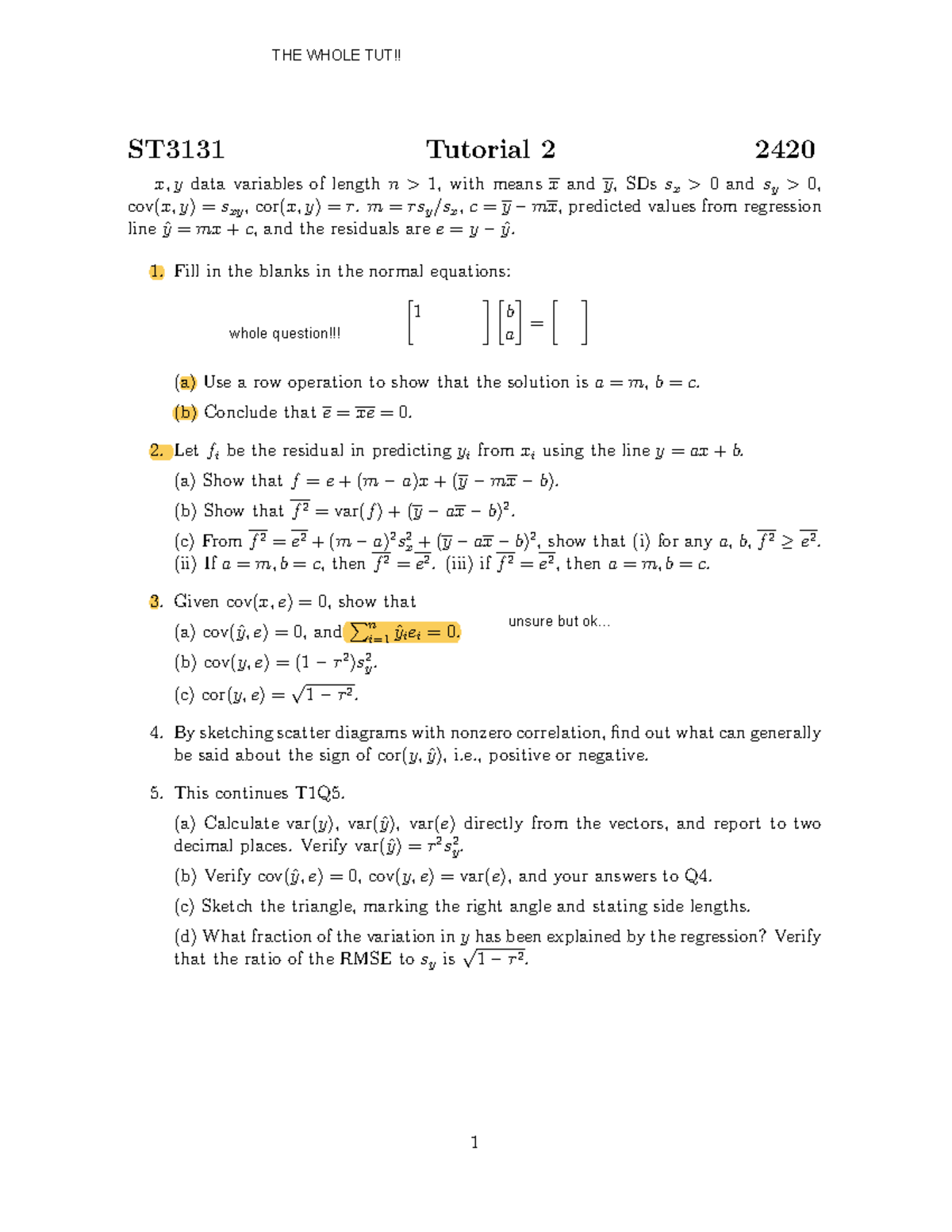 Tut02 - tut - ST3131 Tutorial 2 2420 x, y data variables of length n ...