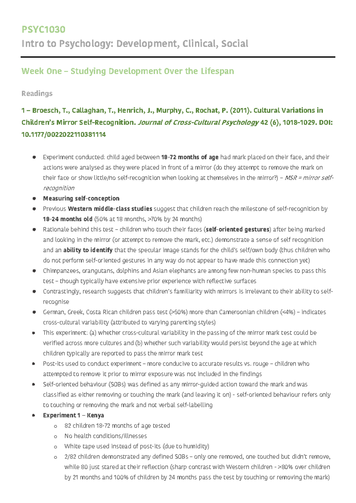 PSYC1030 Lecture Notes: Child Development and Self-Recognition Studies ...
