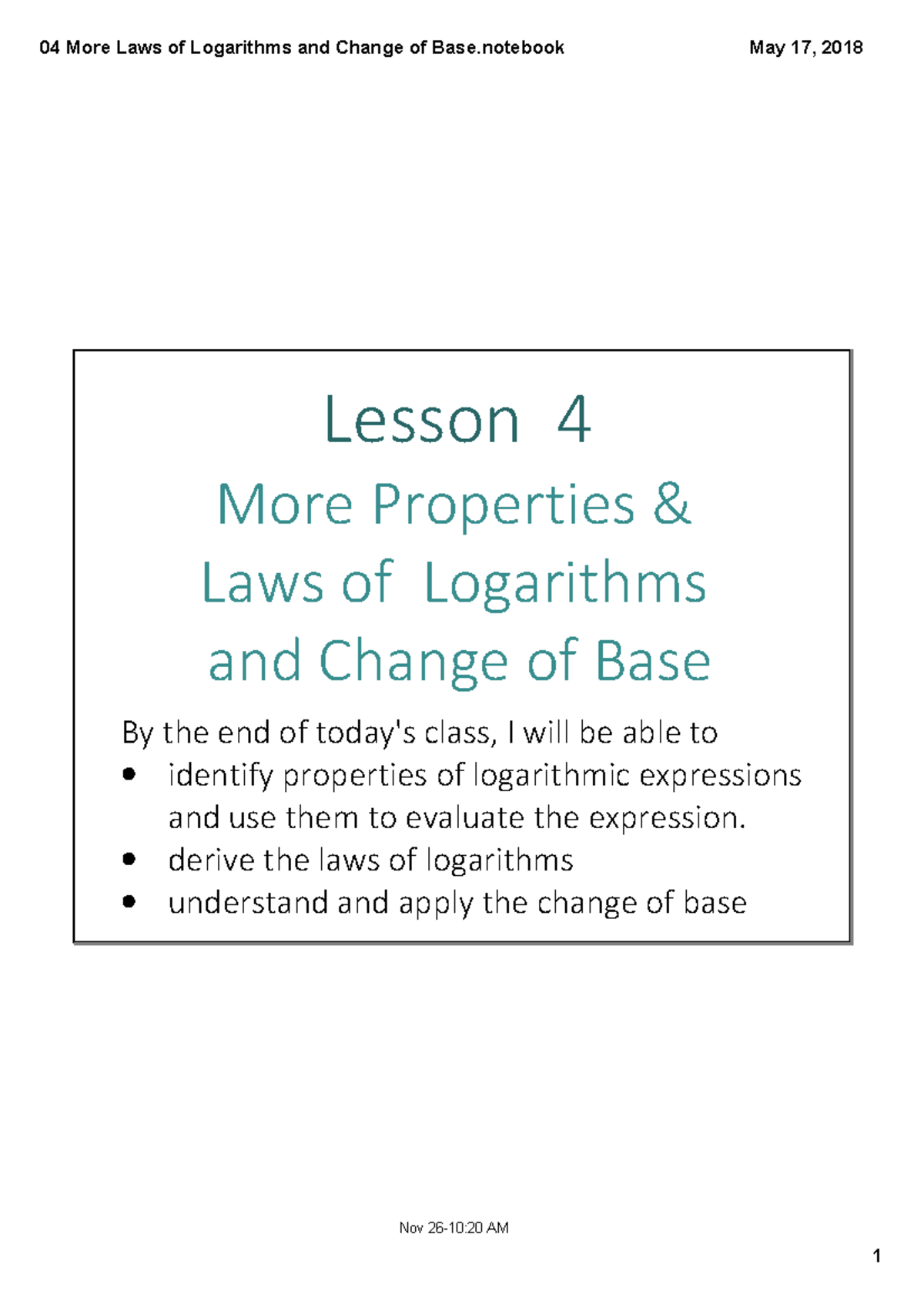 MTH 101: Lesson 4 - More Laws of Logarithms & Change of Base - Studocu