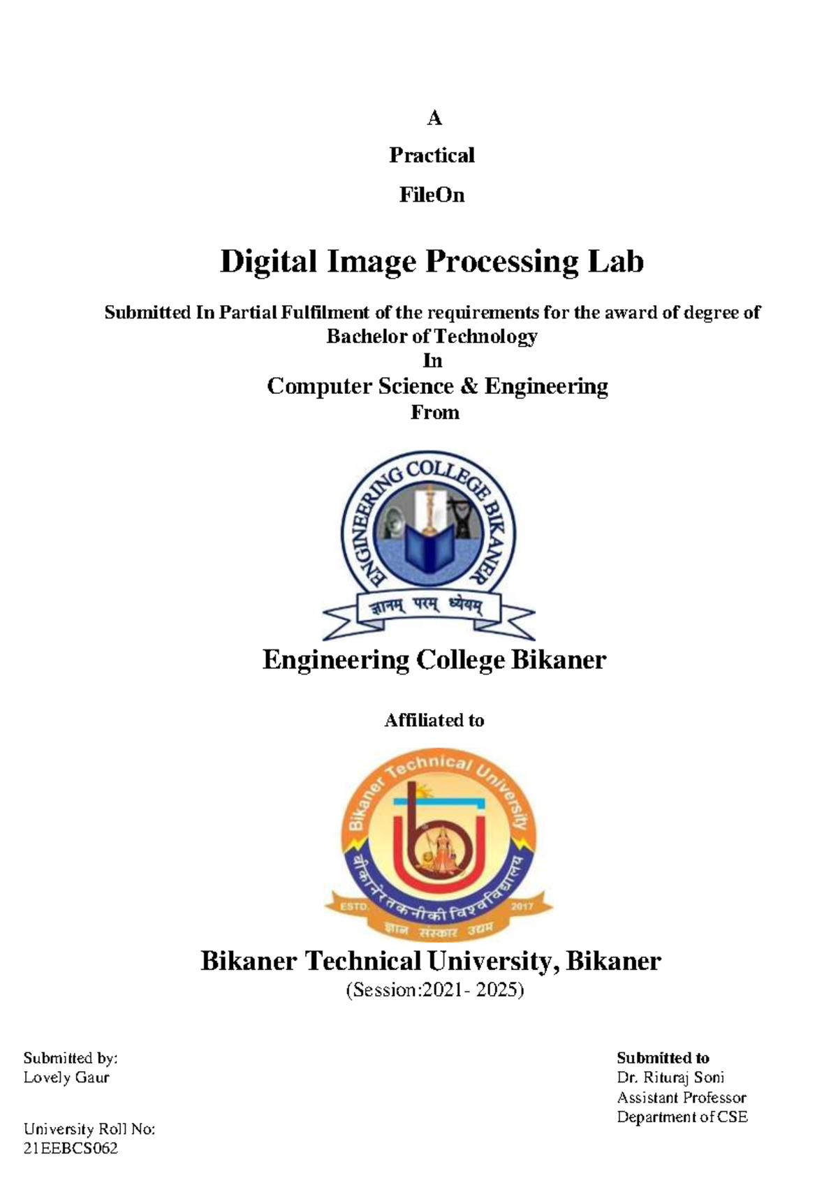 DIP LAB practical - A Practical FileOn Digital Image Processing Lab Submitted In Partial ...