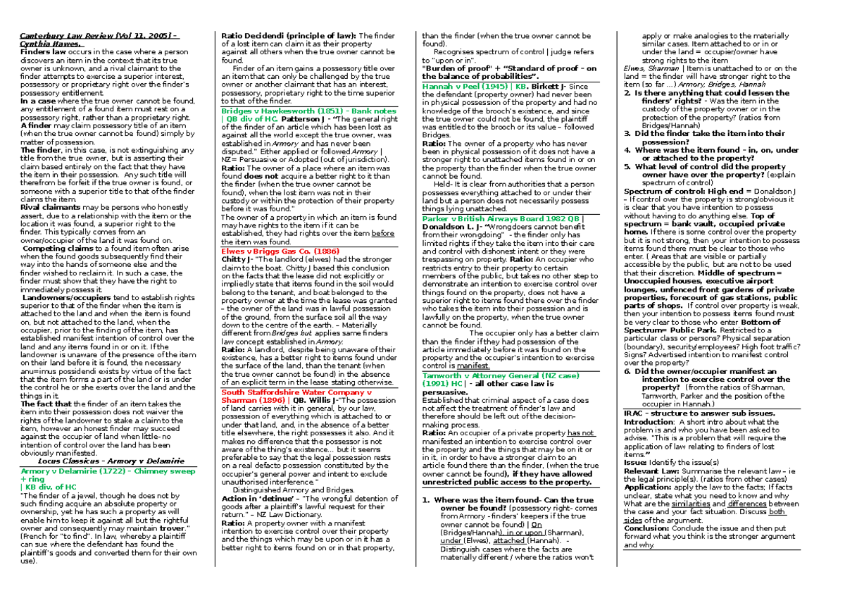 LAWS101 Cheat Sheet: Finders Law and Key Cases Analysis - Studocu