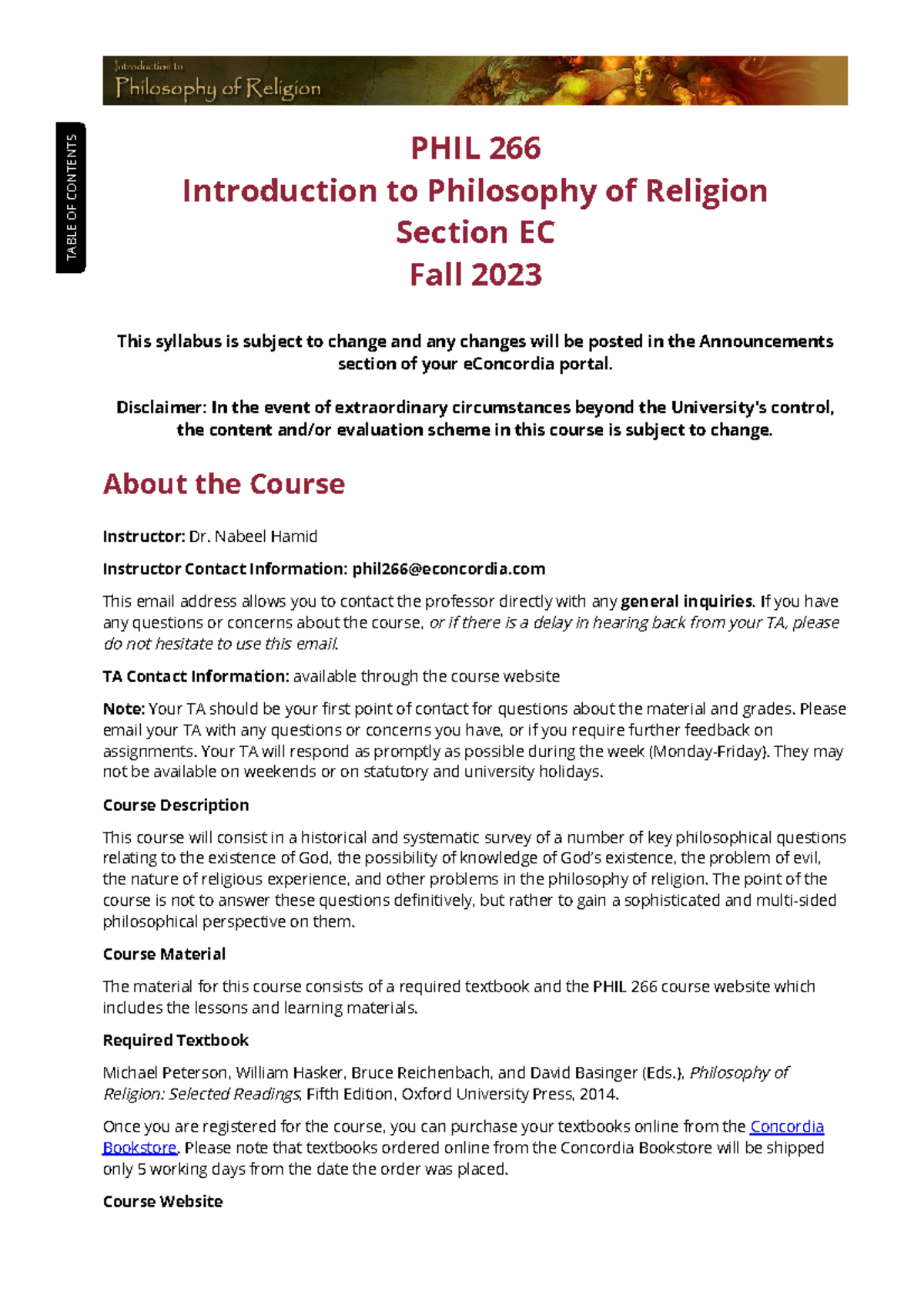(PHIL 266) Introduction to Philosophy of Religion Course Outline - PHIL ...