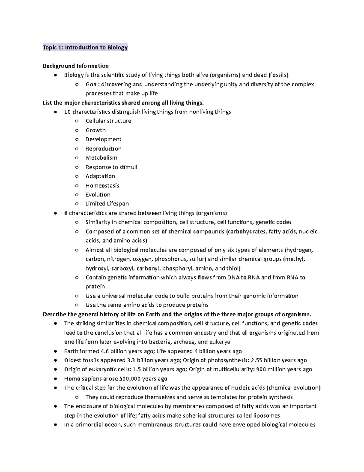 BIO1140 Lecture Notes - Topic 1: Introduction to Biology - Studocu