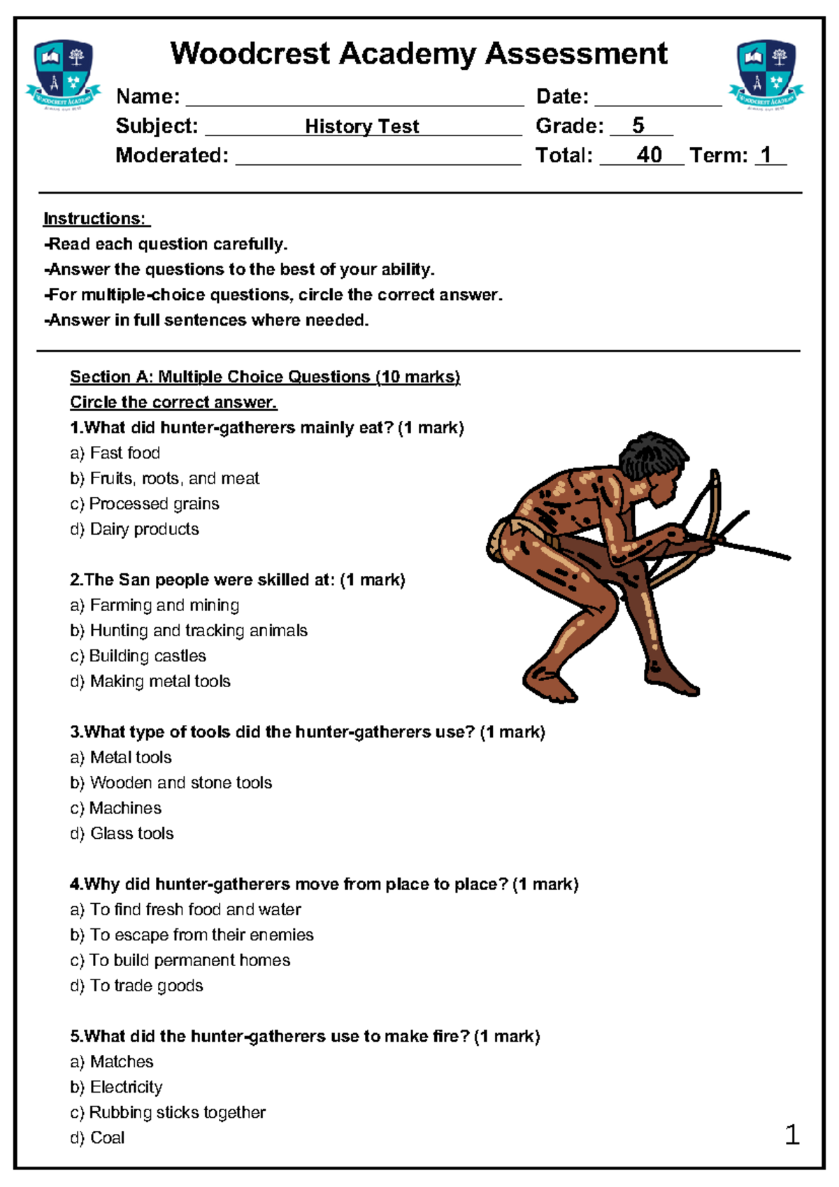 Grade 5 History test - Mock tests - Date: ____________ Grade ...