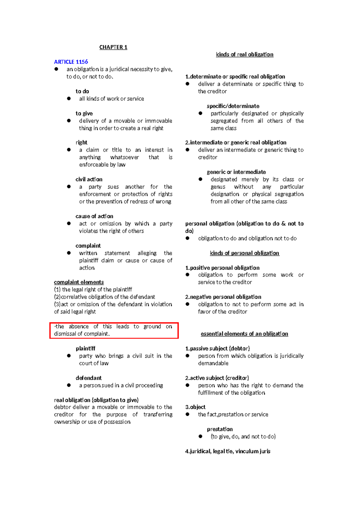CHAPTER 1 ARTICLE 1156: Obligations and Civil Actions - Key Notes - Studocu