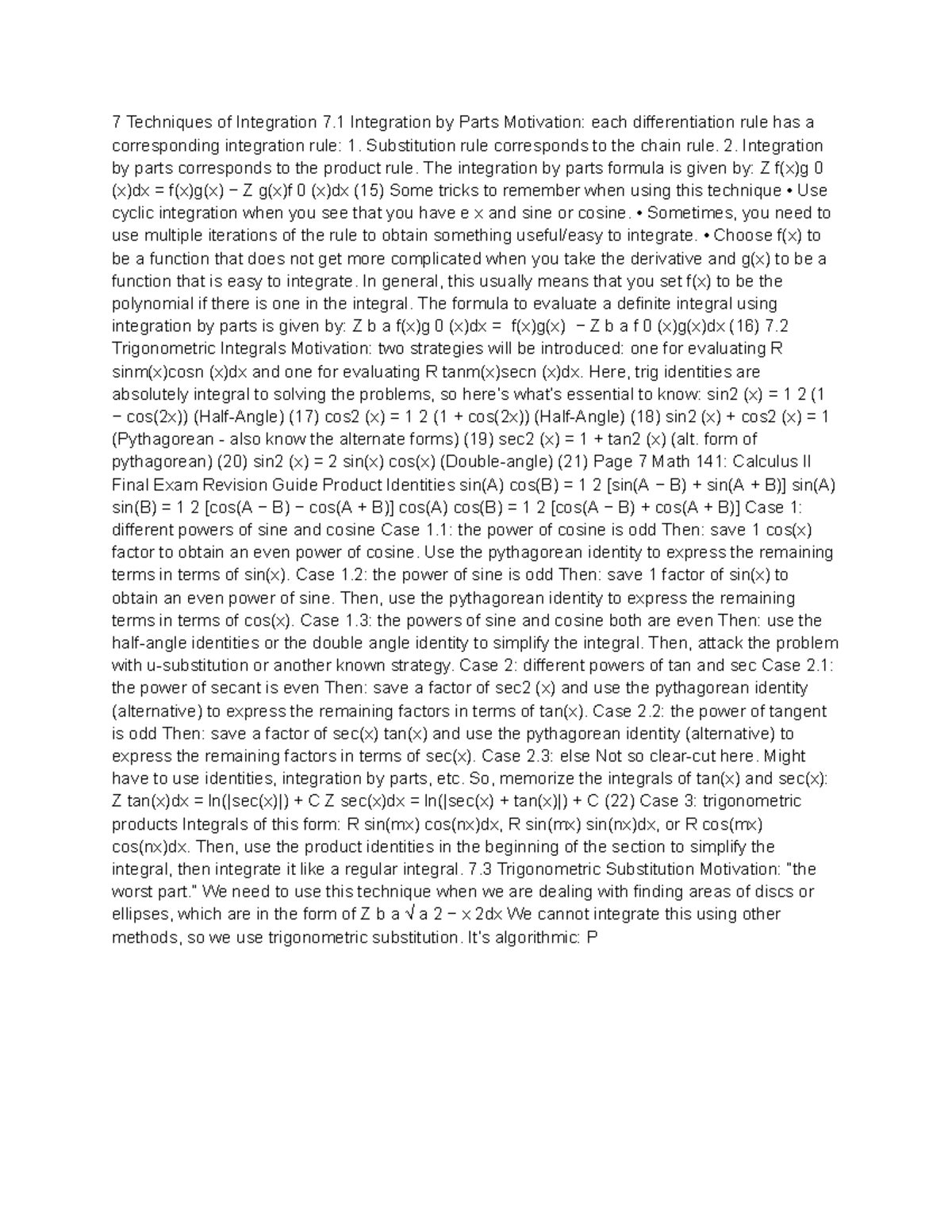 Math 141: Calculus II Final Exam Integration Techniques Guide - Studocu