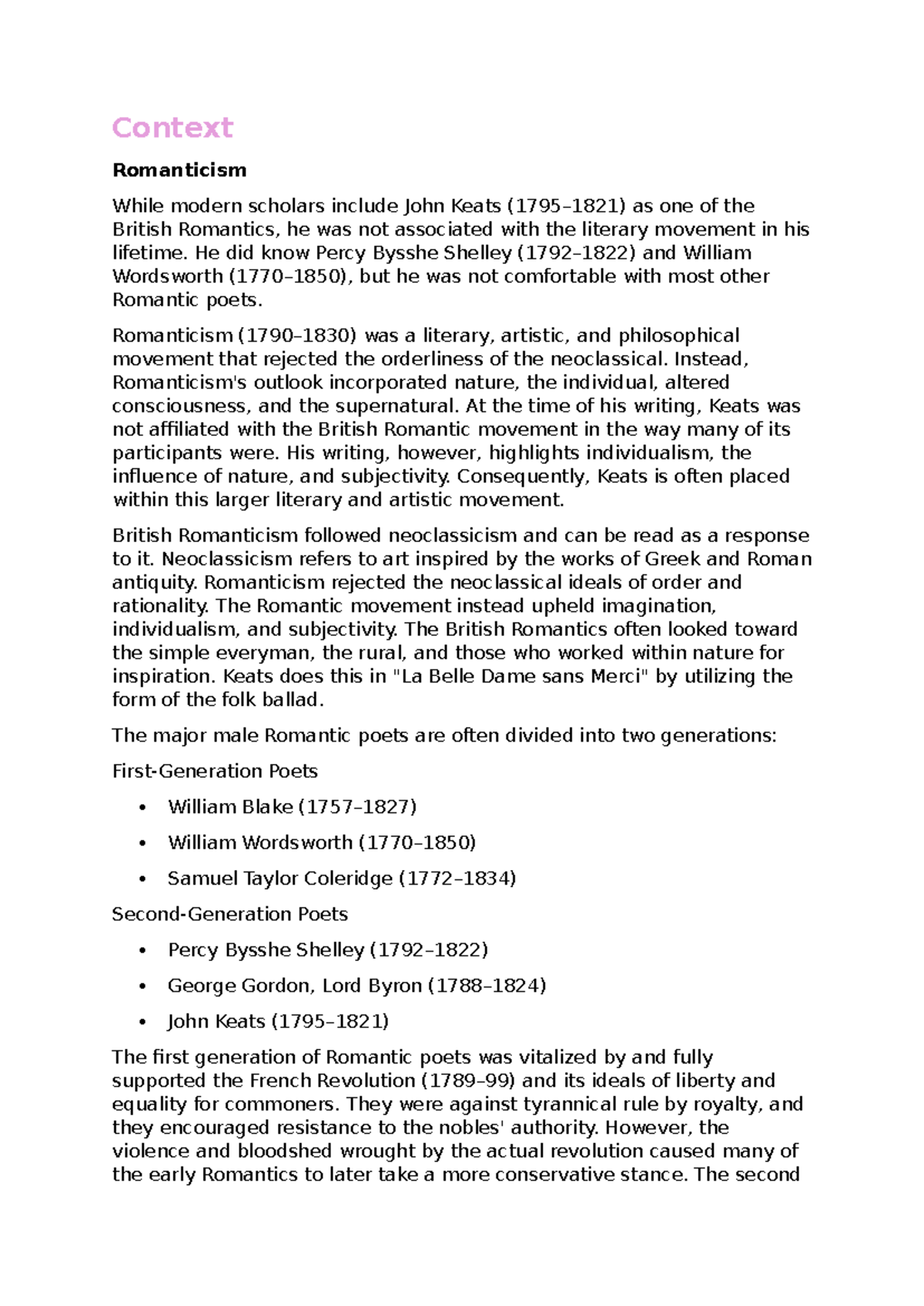 La belle dame sans merci - Context Romanticism While modern scholars ...