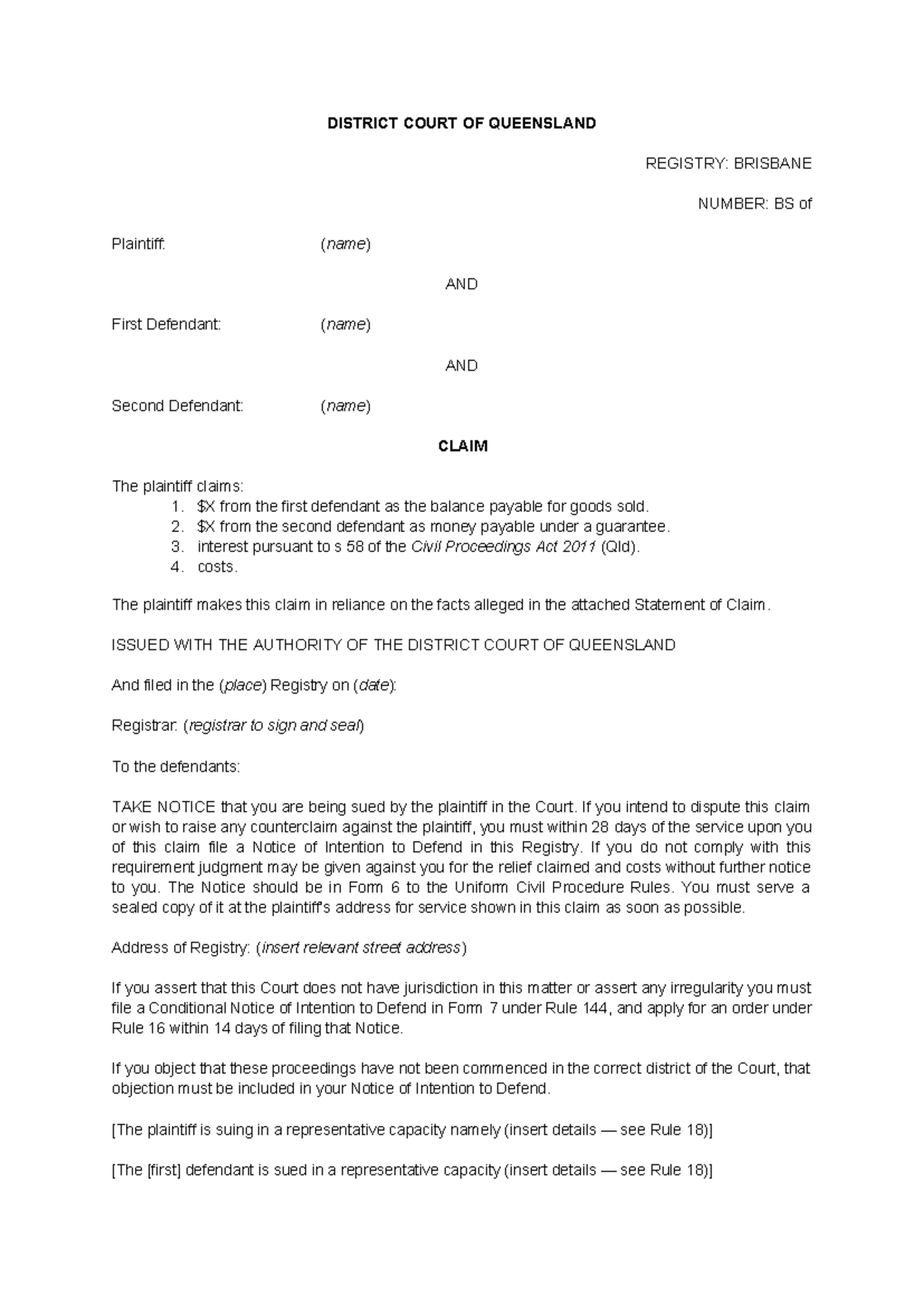 Claim and Defence Example - District Court of QLD (BS) - Studocu