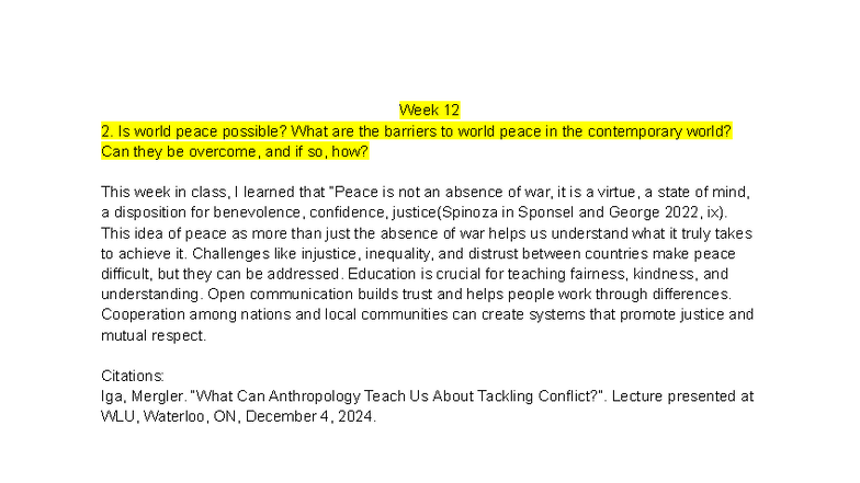 Week 12 Lecture: Barriers to Achieving World Peace - Studocu